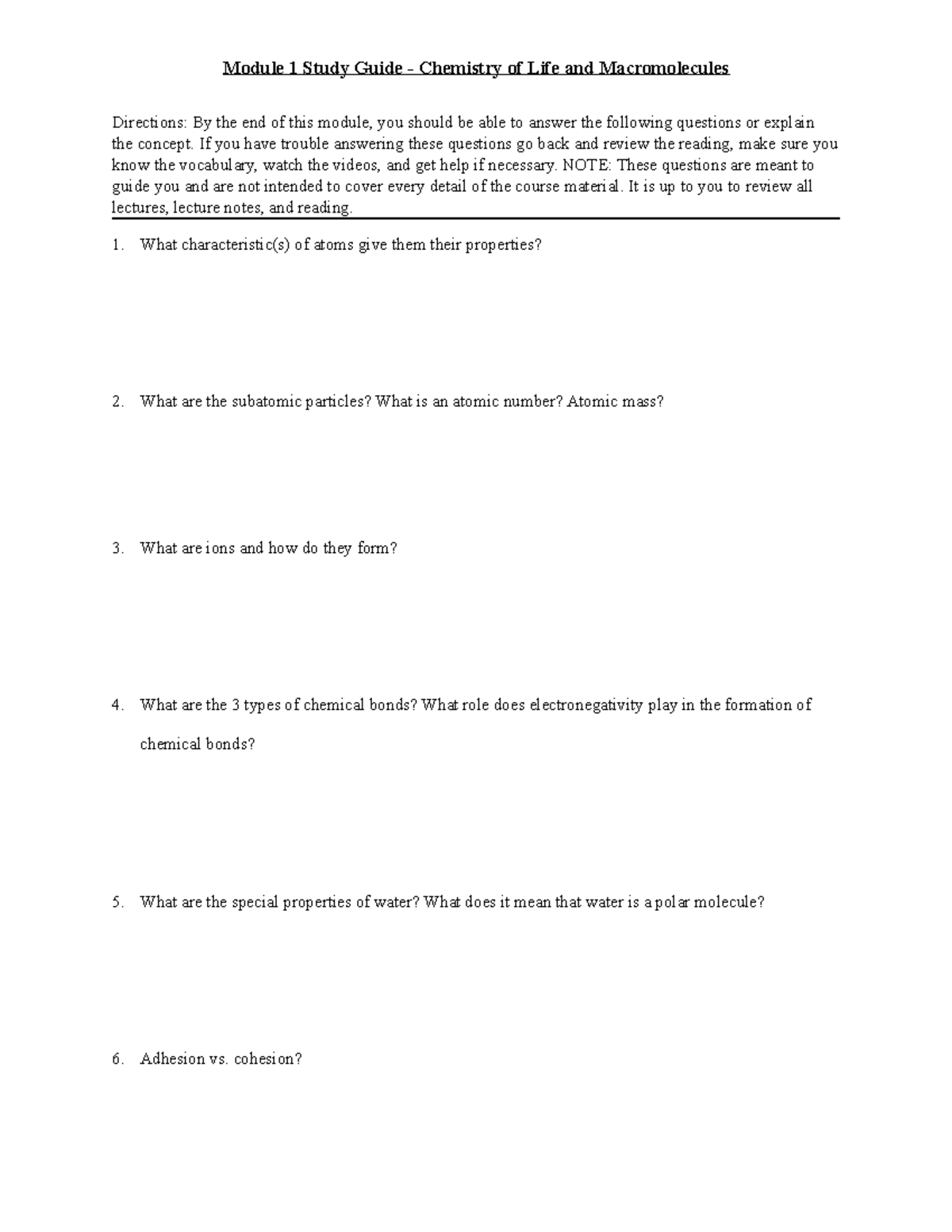 Module 1 Study Guide - Chemistry of Life and Macromolecules ...