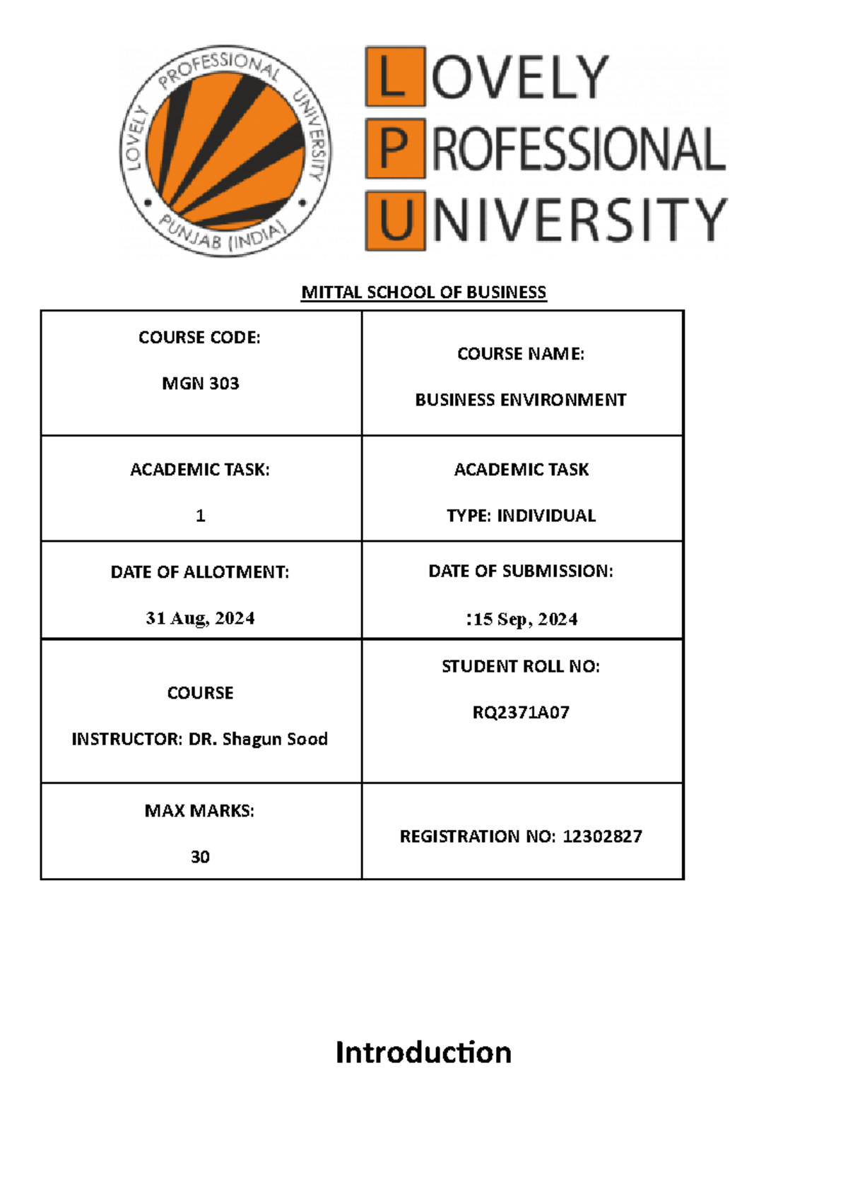 Sai mgn 303 - syllabus - MITTAL SCHOOL OF BUSINESS COURSE CODE: MGN 303 COURSE NAME: BUSINESS ...