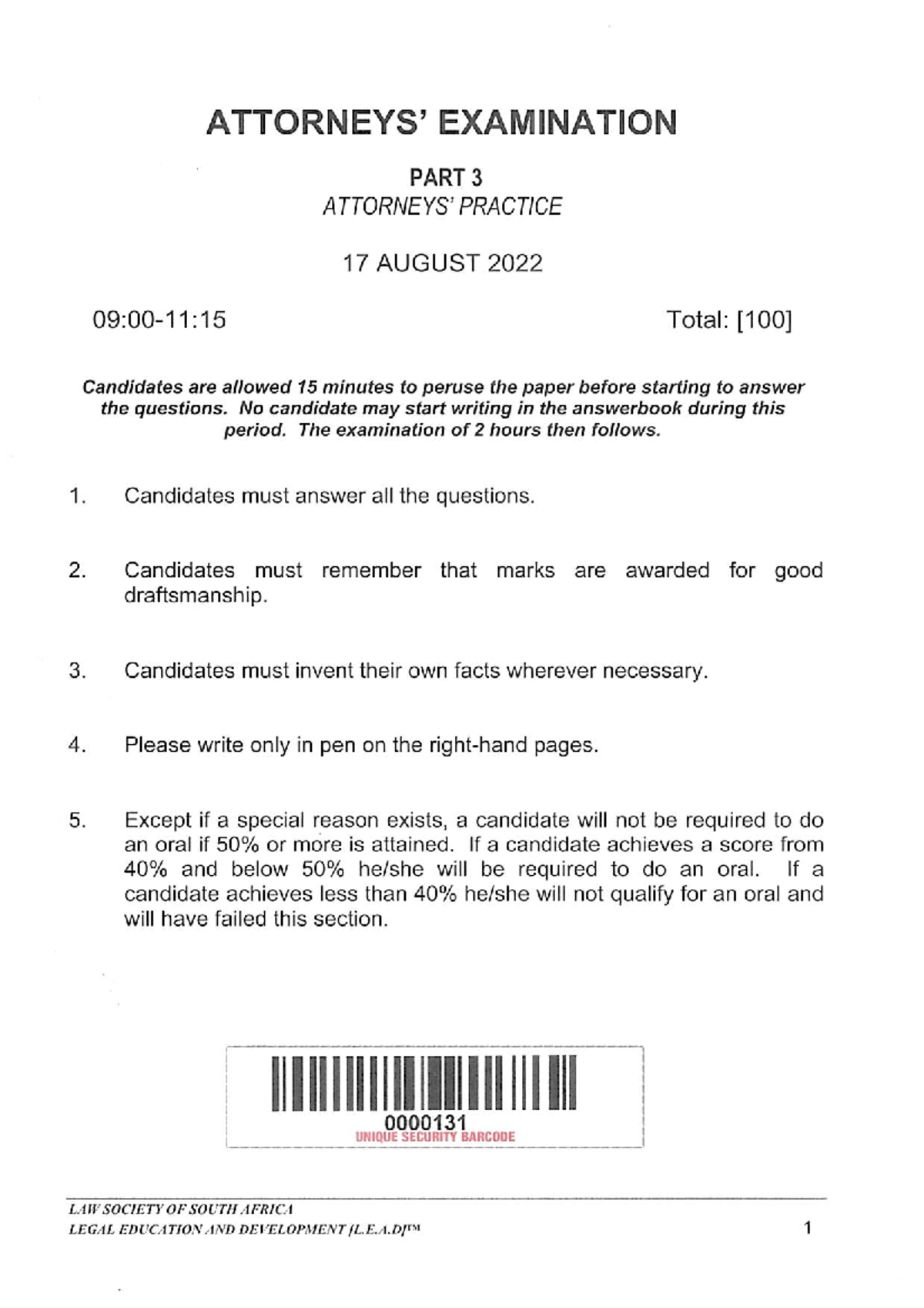 August 2022 Paper 3 - Attorneys admission exam - EXAMINATION PART 3 ...