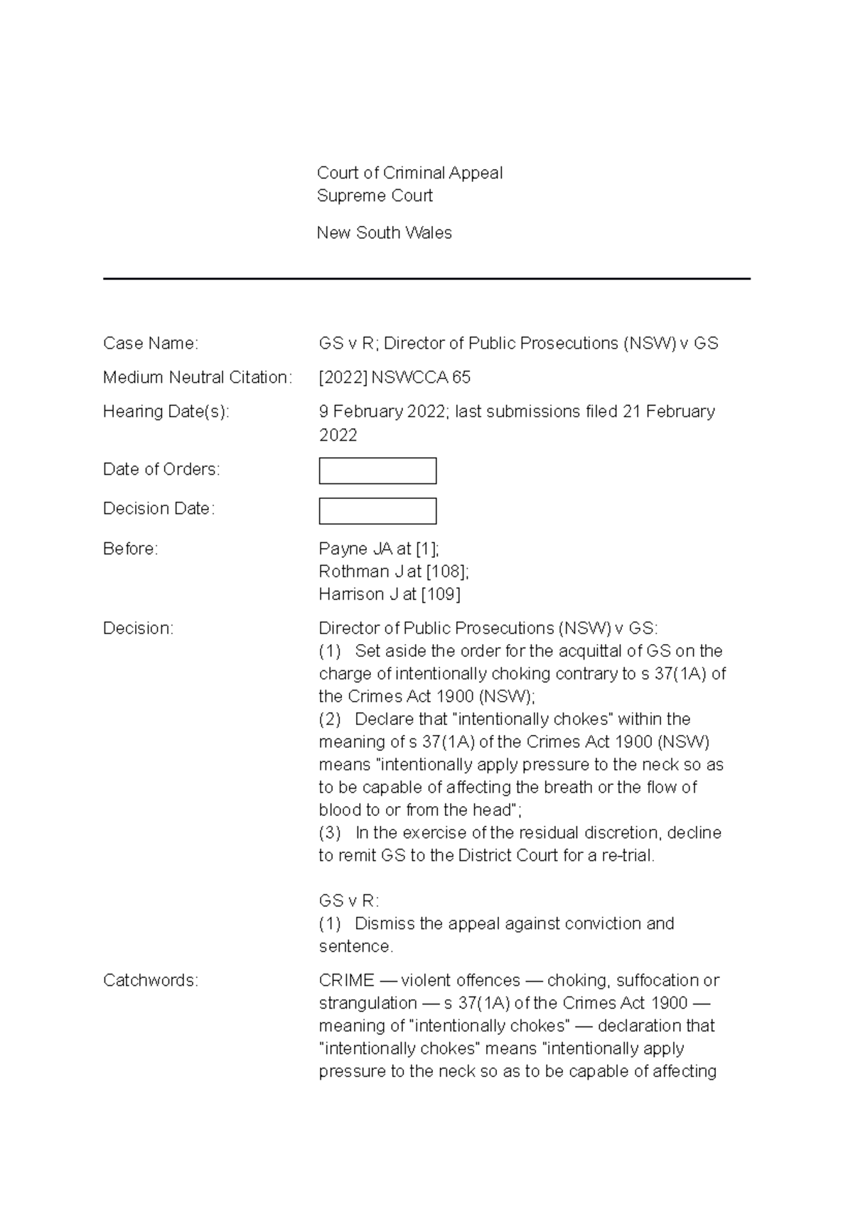 GS v The Queen - Case Summary - Court of Criminal Appeal Supreme Court ...