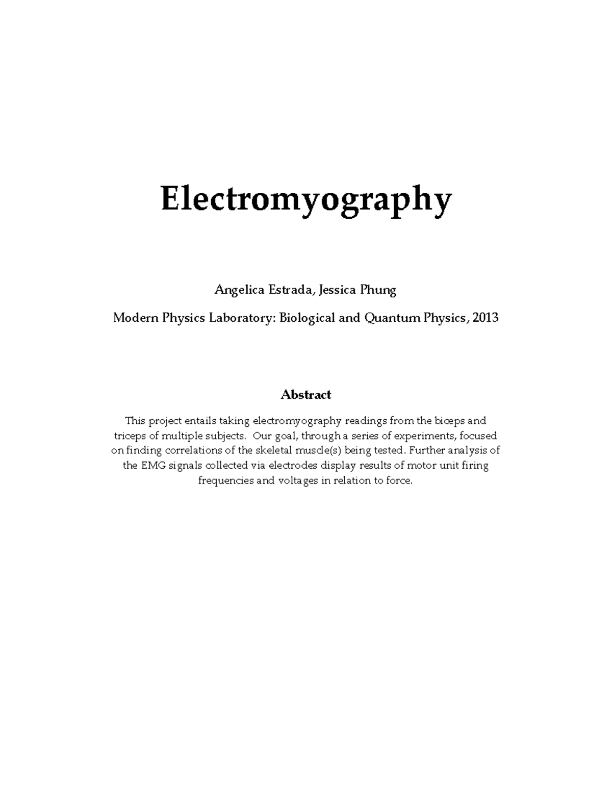 PHYS173 Electromyography Finalpaper - Electromyography Angelica Estrada ...