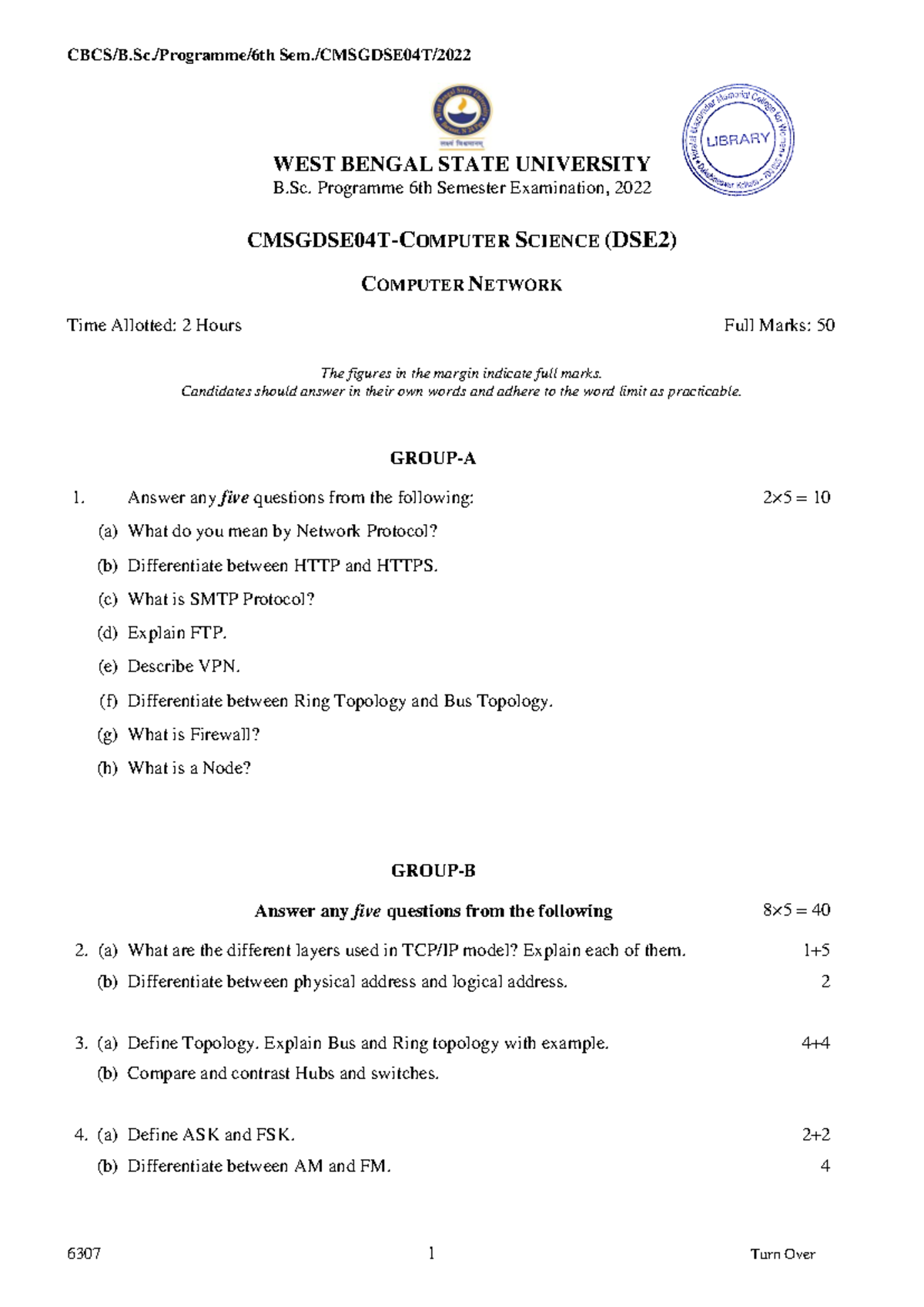 Computer Networks Cbcs B Programme 6th Sem Cmsgdse04t 6307 1 Turn