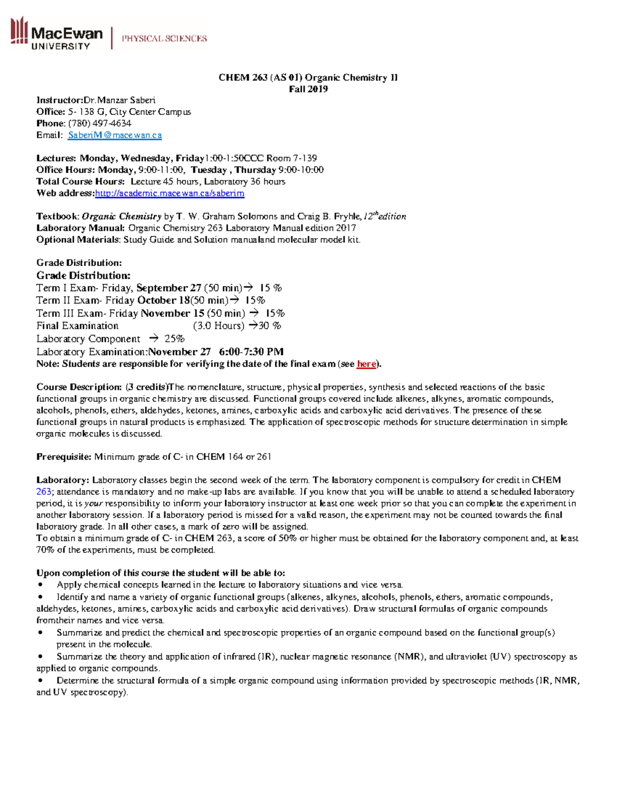 Chem 263 Course Outline - CHEM 263 (AS 01 ) Organic Chemistry II Fall ...