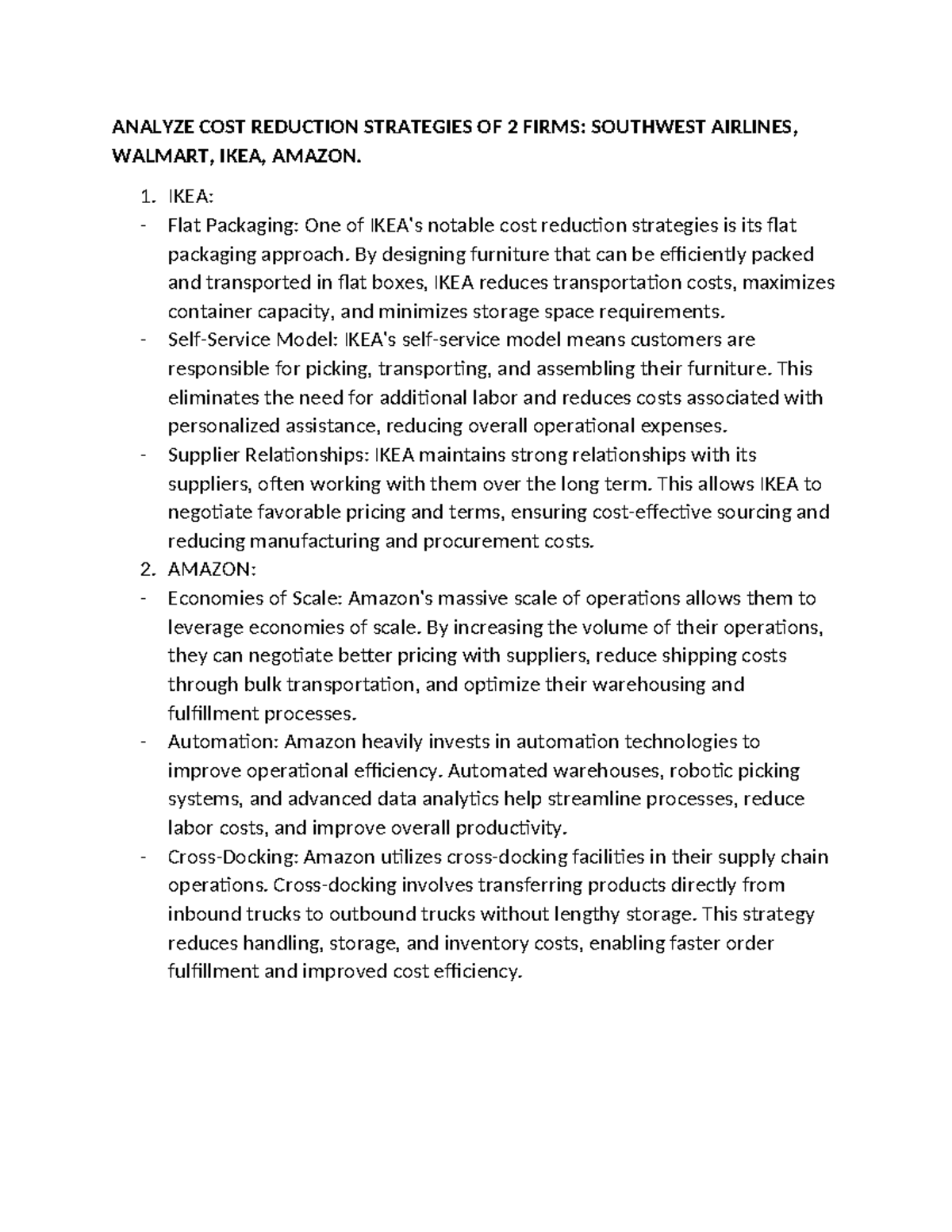 CASE Study 3 - ANALYZE COST REDUCTION STRATEGIES OF 2 FIRMS: SOUTHWEST ...