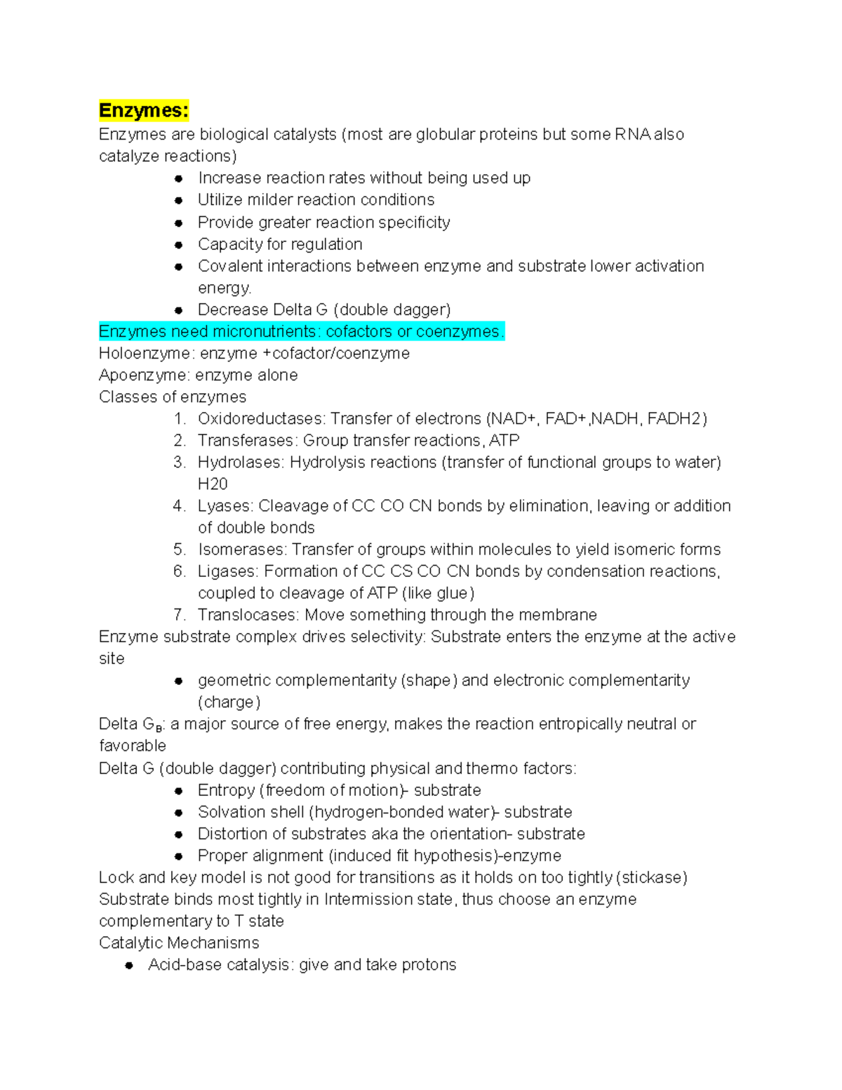 BCHM Study - Ee: Enmes are biological catalsts (most are globlar ...
