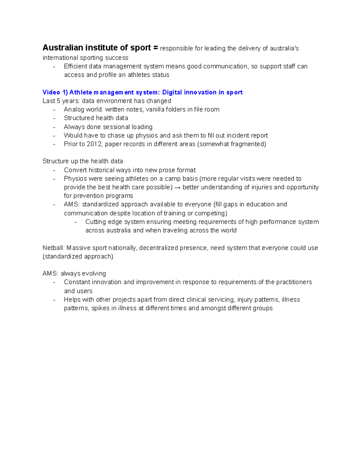Tutorial 2 High performance data systems - Australian institute of sport = responsible for ...