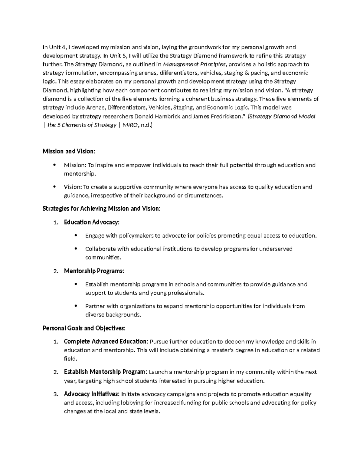 Learning Journal-UNIT5 - In Unit 4, I developed my mission and vision ...