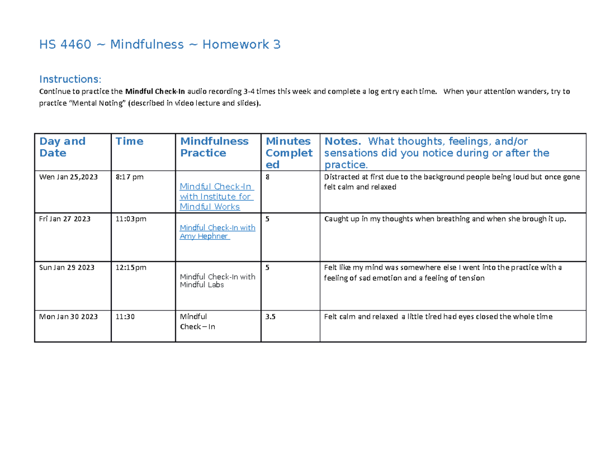 Mindful Homework 3 - xxxxx - HS 4460 ~ Mindfulness ~ Homework 3 ...