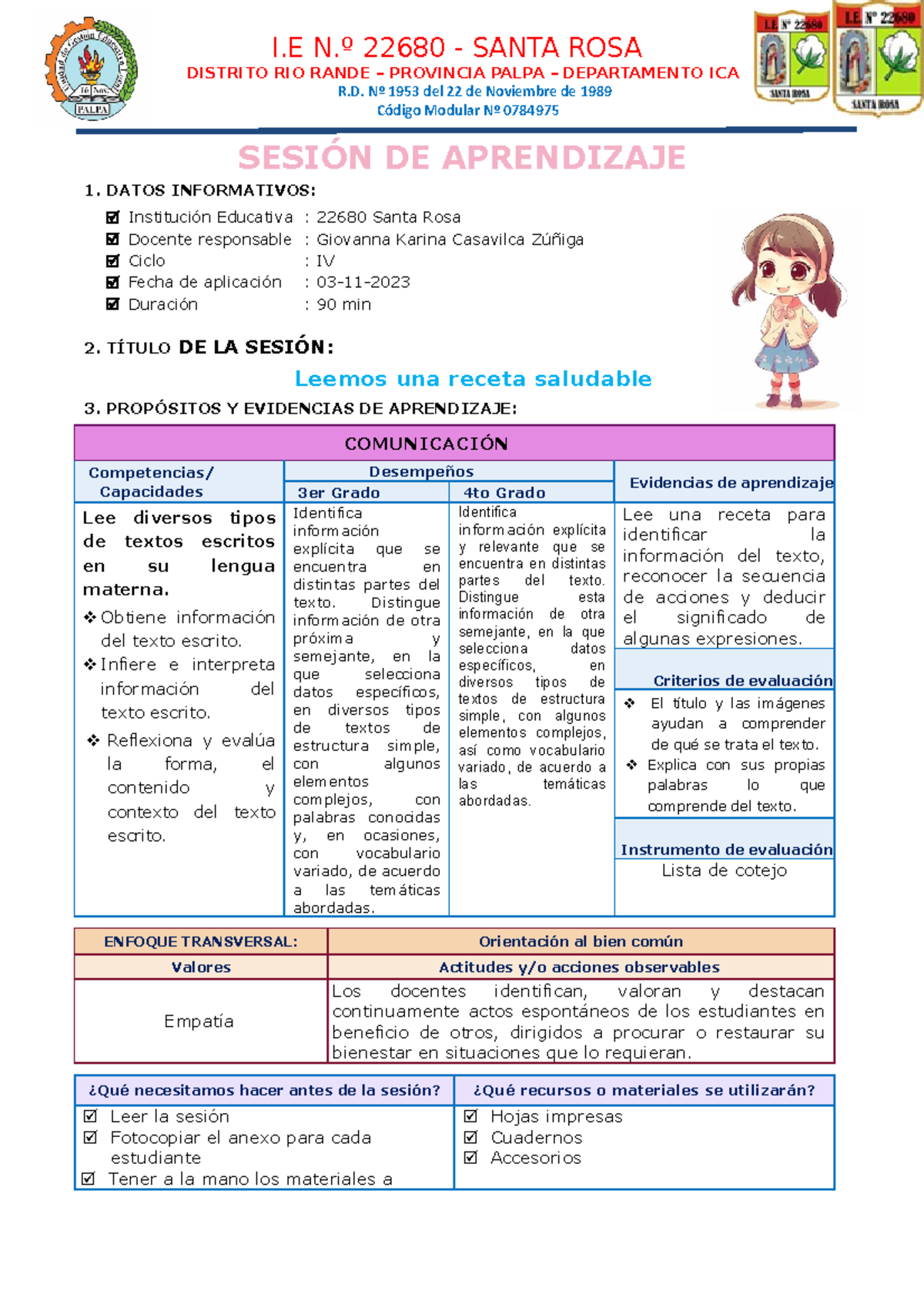 Sesion DE Aprendizaje Leemos UNA Receta Saludable - I N.º 22680 - SANTA ROSA DISTRITO RIO RANDE ...
