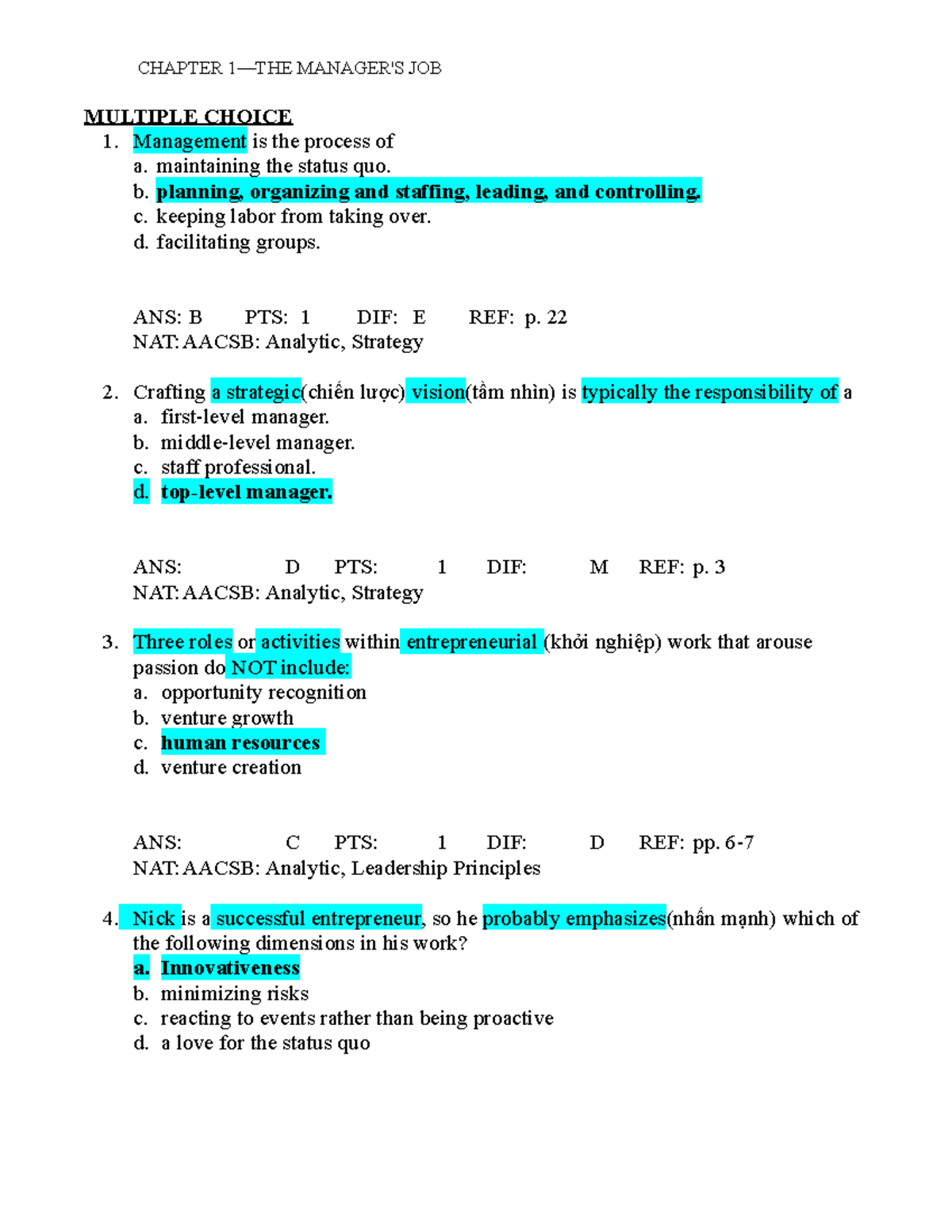 MGT101 Test Bank - nice - CHAPTER 1—THE MANAGER'S JOB MULTIPLE CHOICE 1 ...