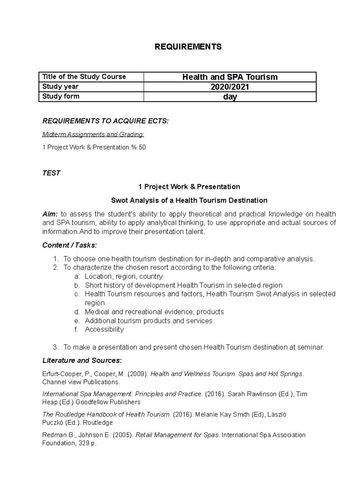 Health ad spa - REQUIREMENTS Title of the Study Course Health and SPA ...