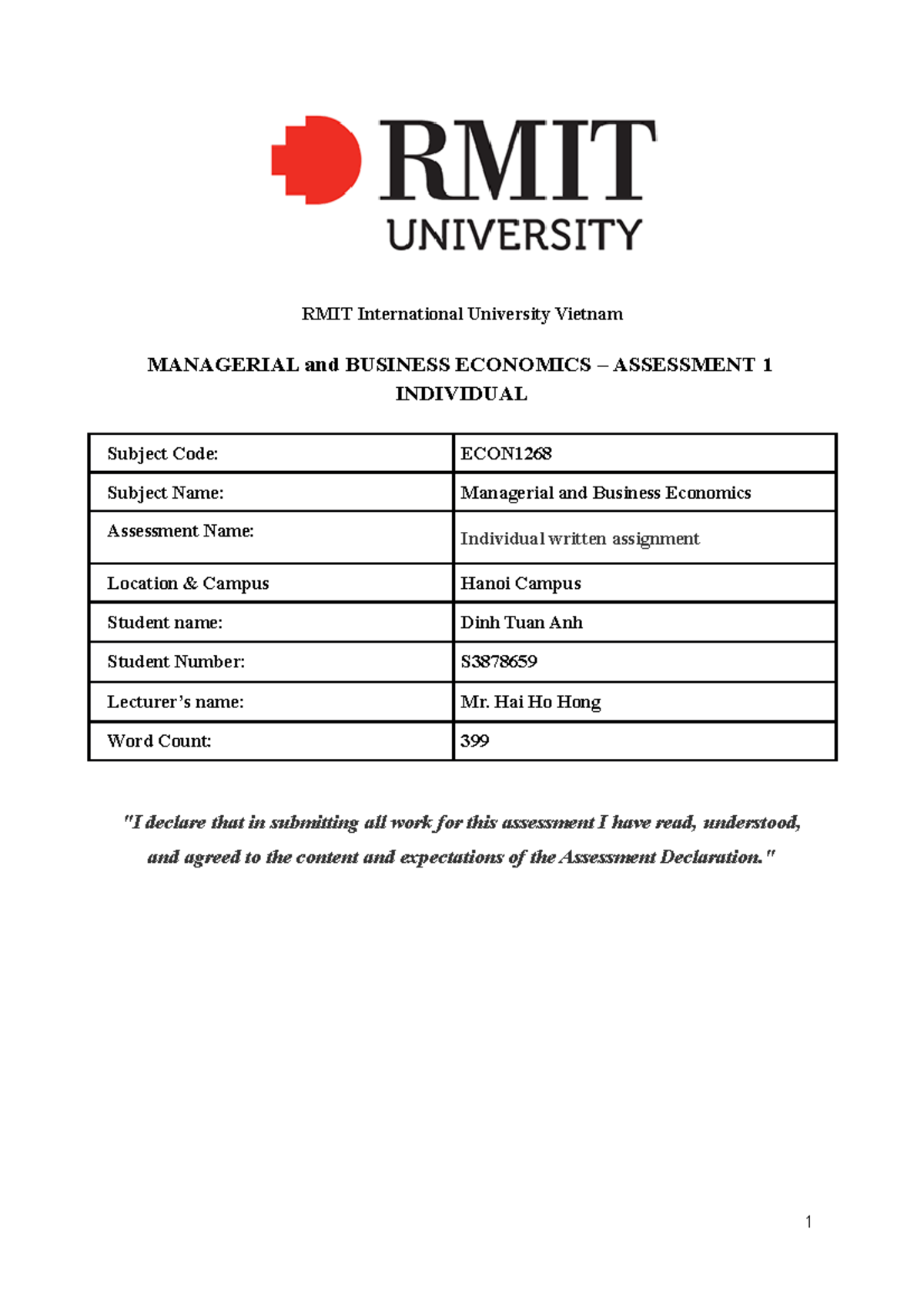 Assignment 1 ECON1268 2023A Dinhtuananh S3878659 - RMIT International ...