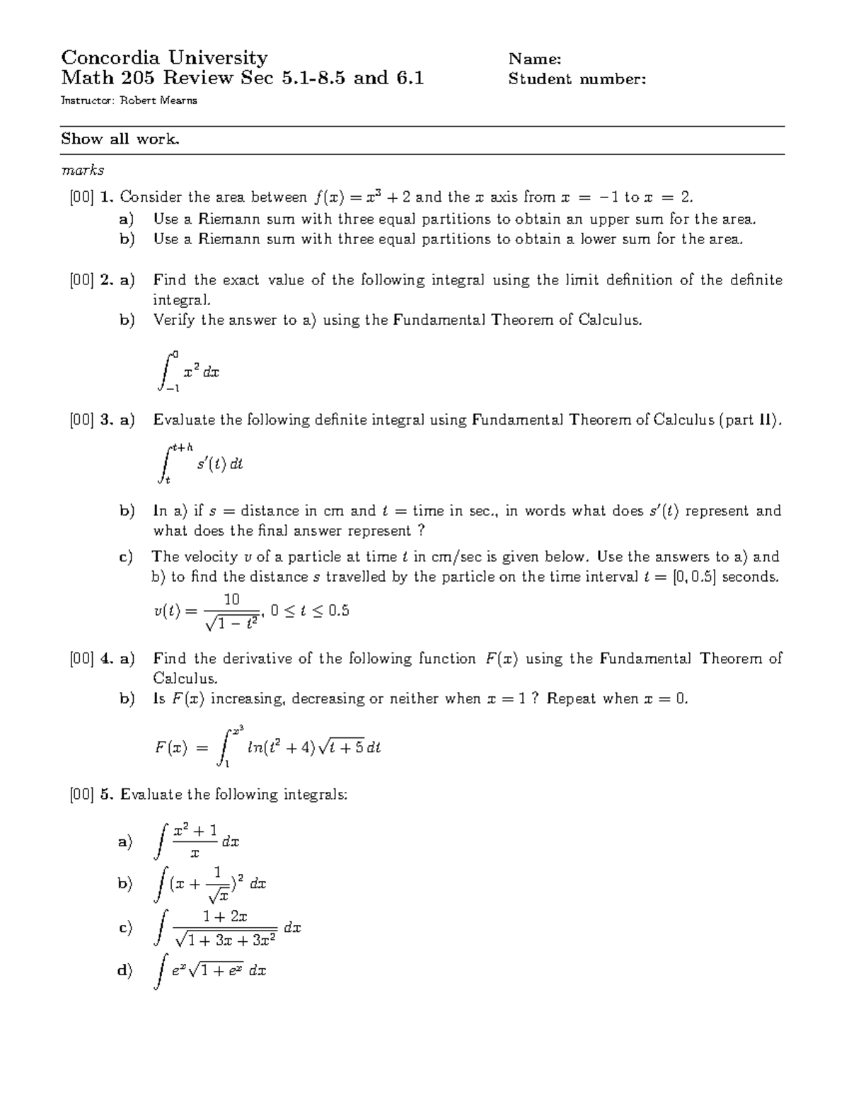 100707 MTSA - MID TERM - Concordia University Name: Math 205 Review Sec 5-8 and 6 Student number ...