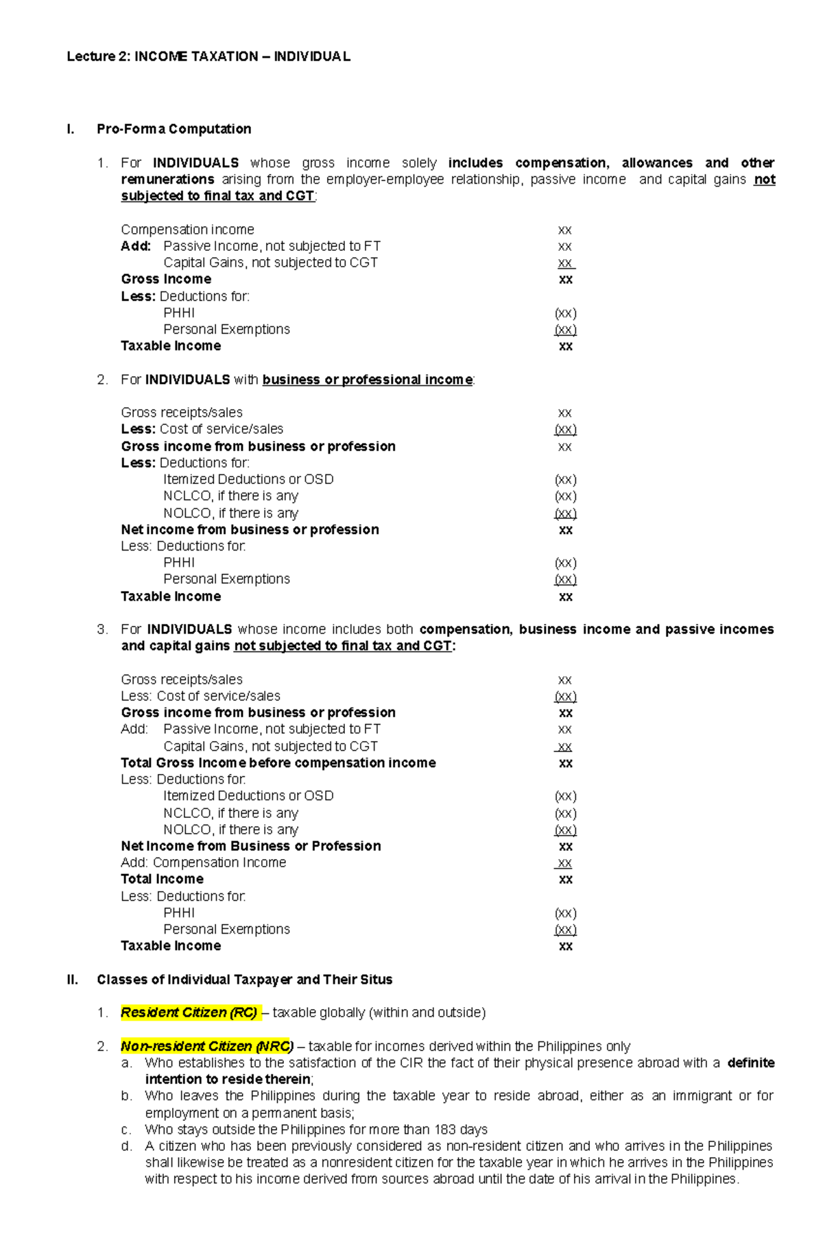 Lecture 2 - Income Taxation (Individual Taxation) - I. Pro-Forma ...