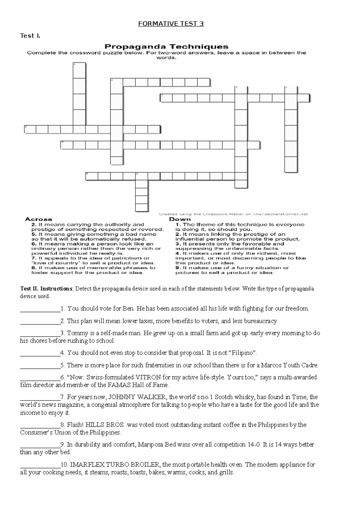 Propaganda-Techniques-FT - FORMATIVE TEST 3 Test I. Test II ...