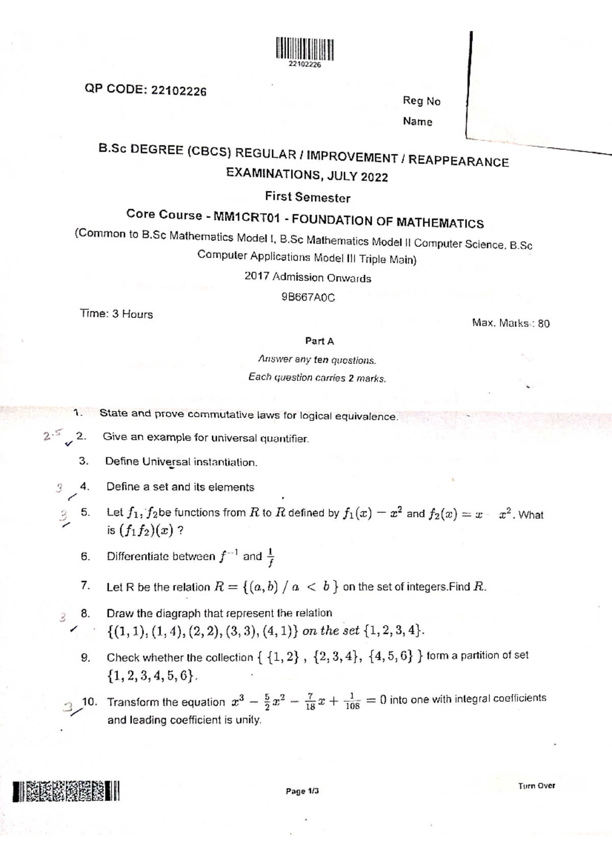 First semester foundation of mathematics question paper - QP CODE: Reg No Name B DEGREE (CBCS ...