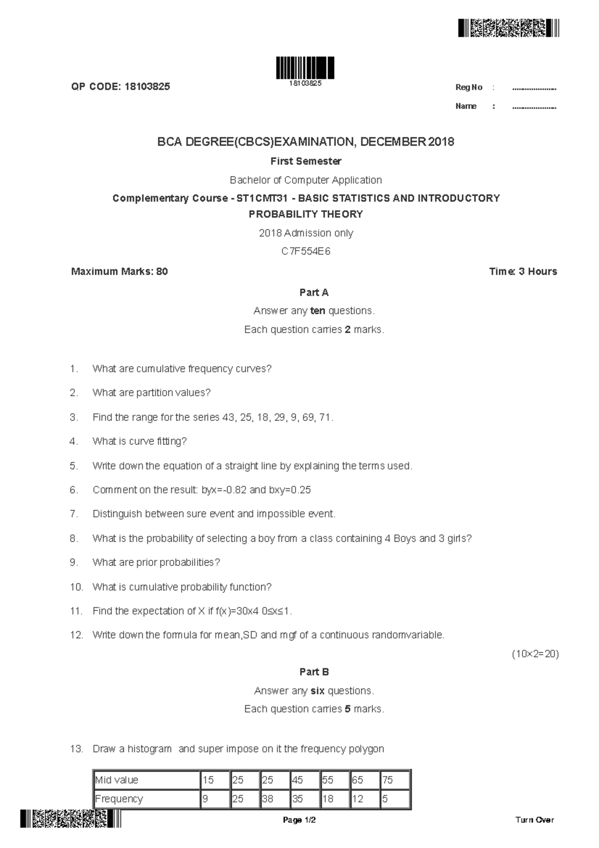 Statistics Fisrt sem BCA - QP CODE: 18103825 Reg No ...