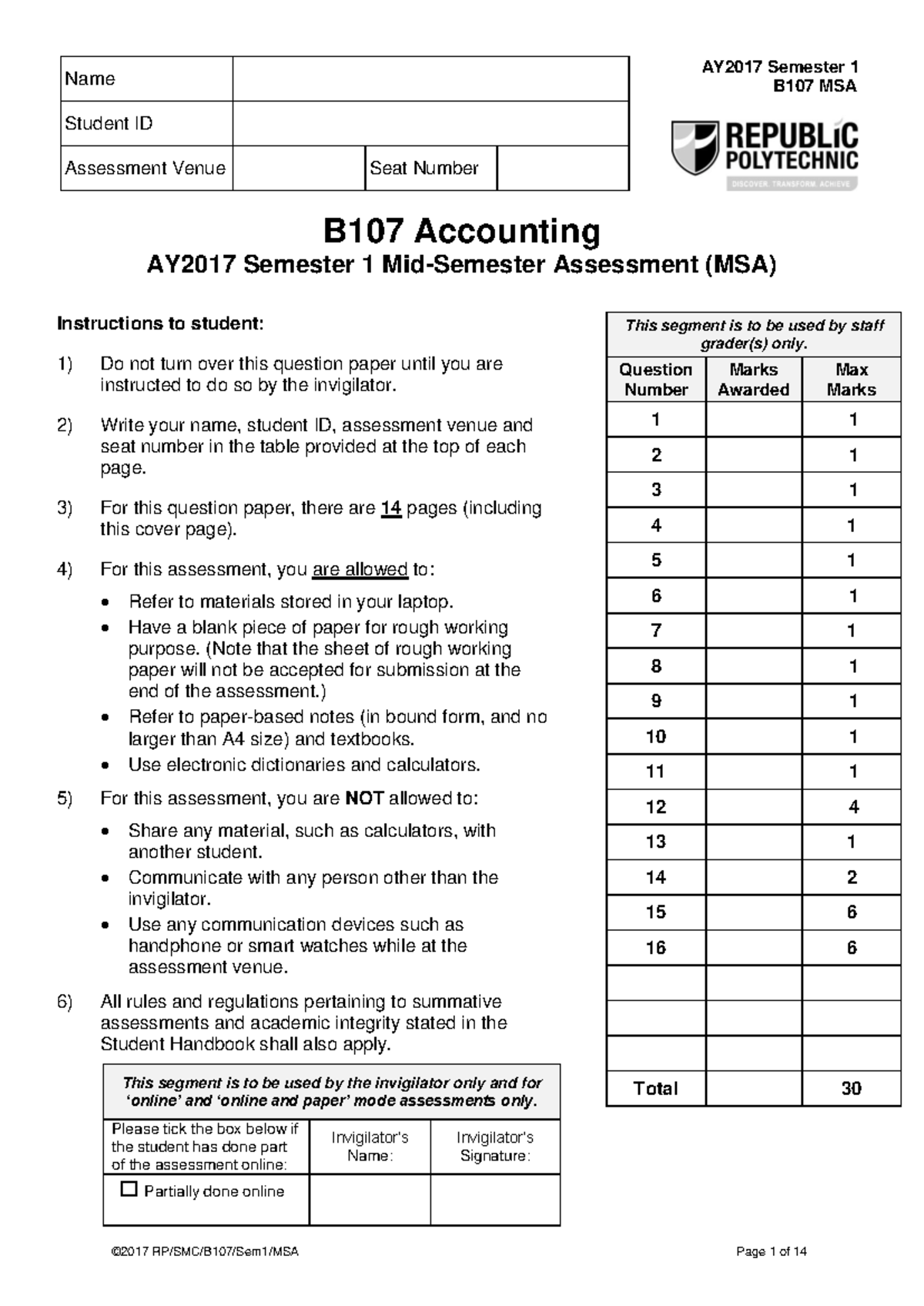 AY 2017 Sem 1 B107 MSA - AY 2017 Sem 1 B107 MSA - Name AY201 7 Semester ...