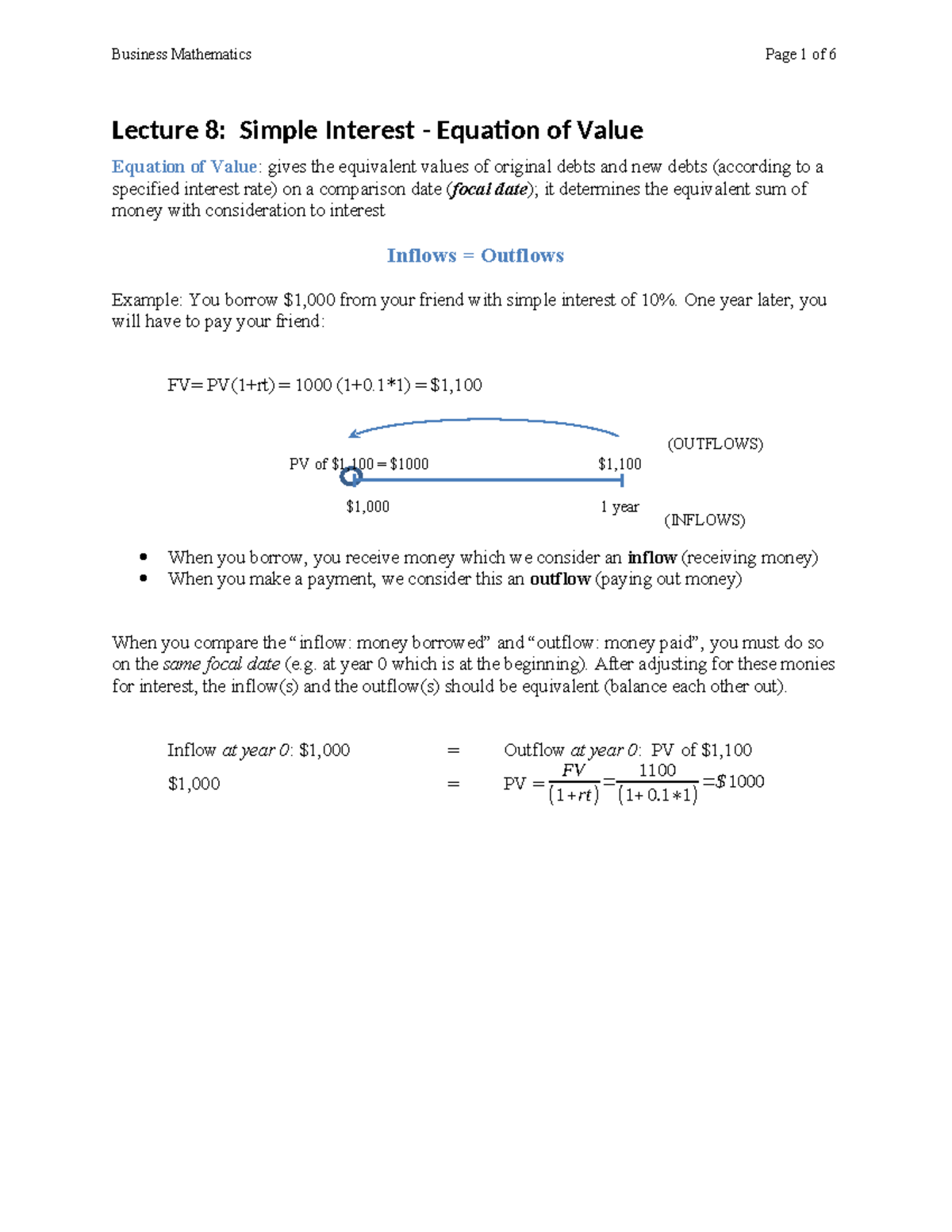 Lecture 8 Handout - Lecture 8: Simple Interest - Equation of Value ...