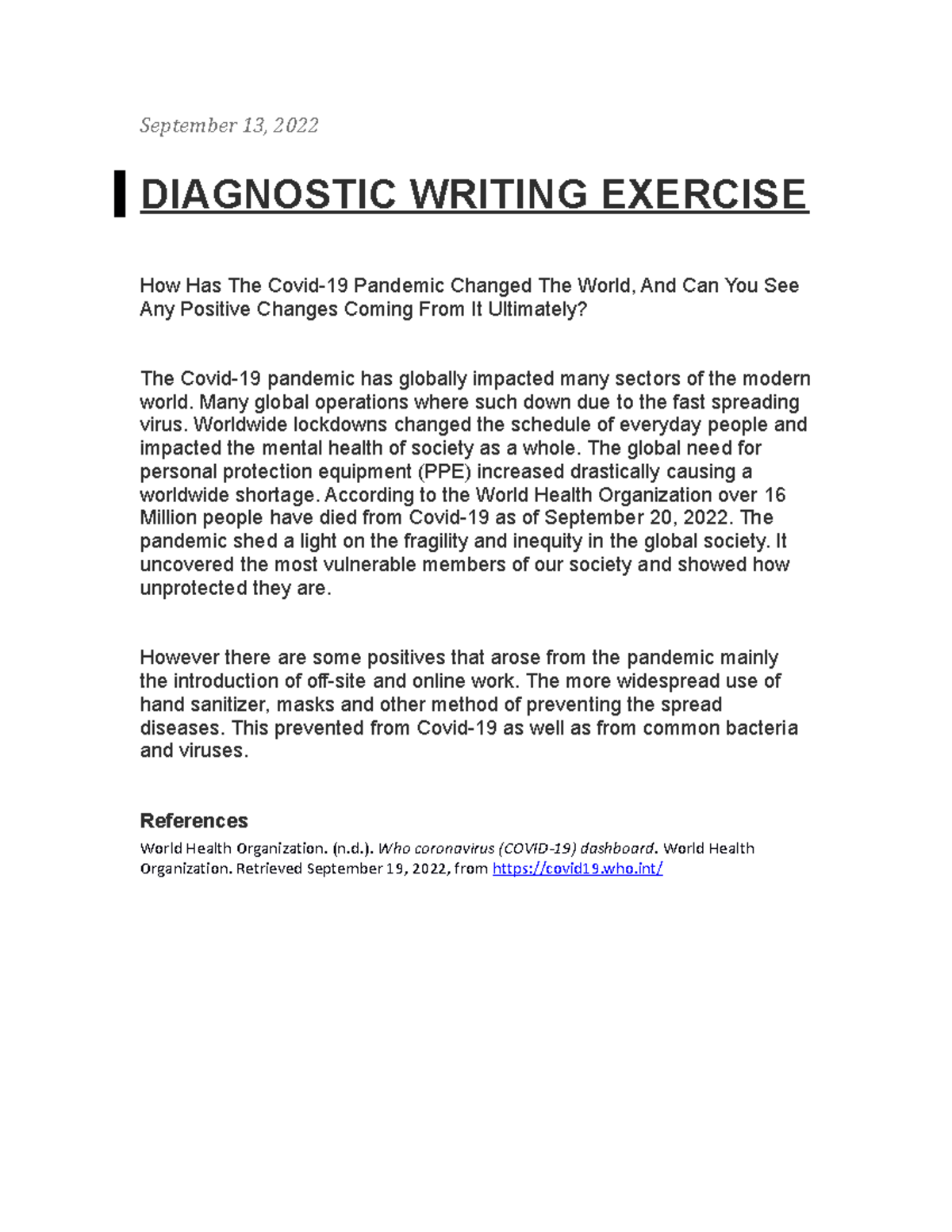 Diagnostic Writing - BM - September 13, 2022 DIAGNOSTIC WRITING ...