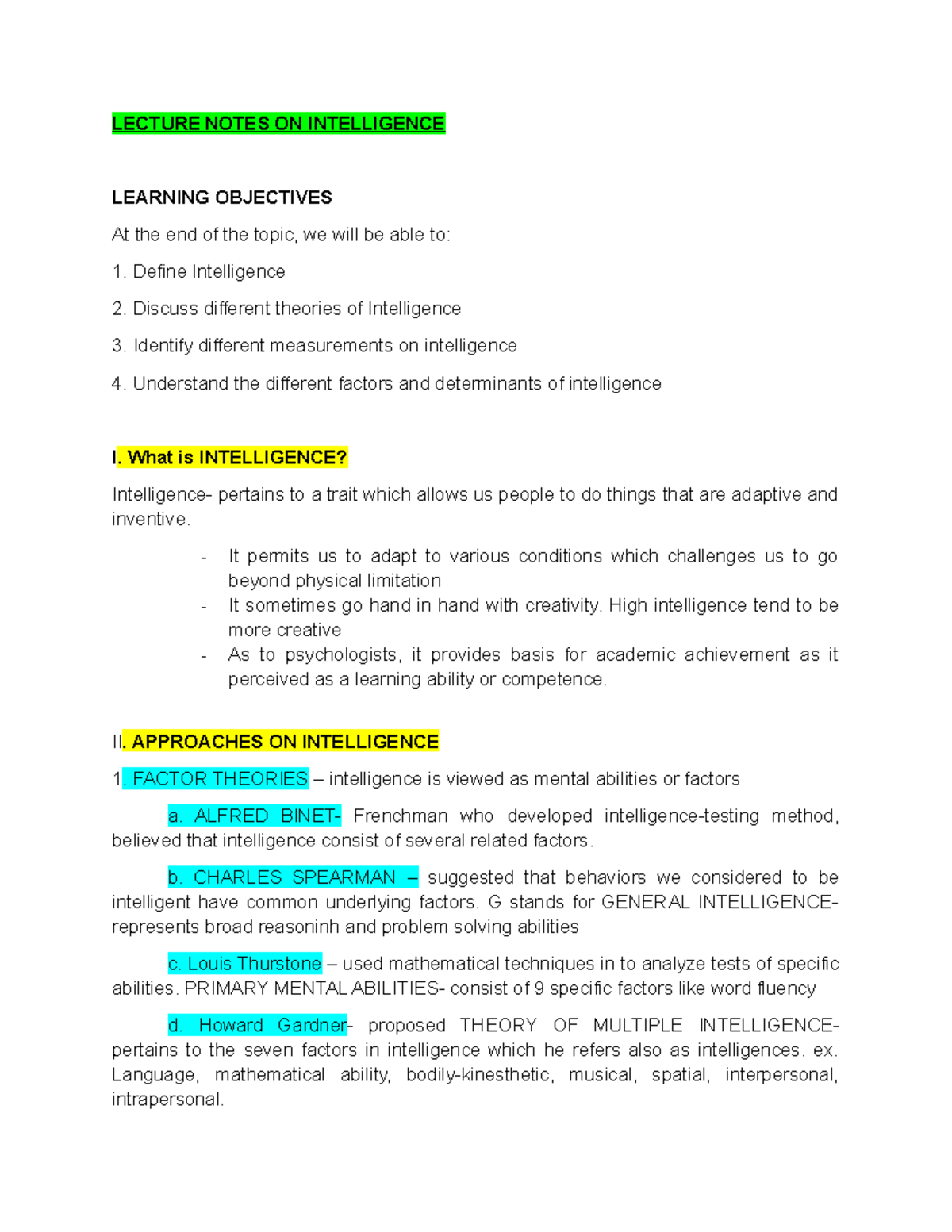 Lecture Notes ON Intelligence (Autosaved) - LECTURE NOTES ON ...