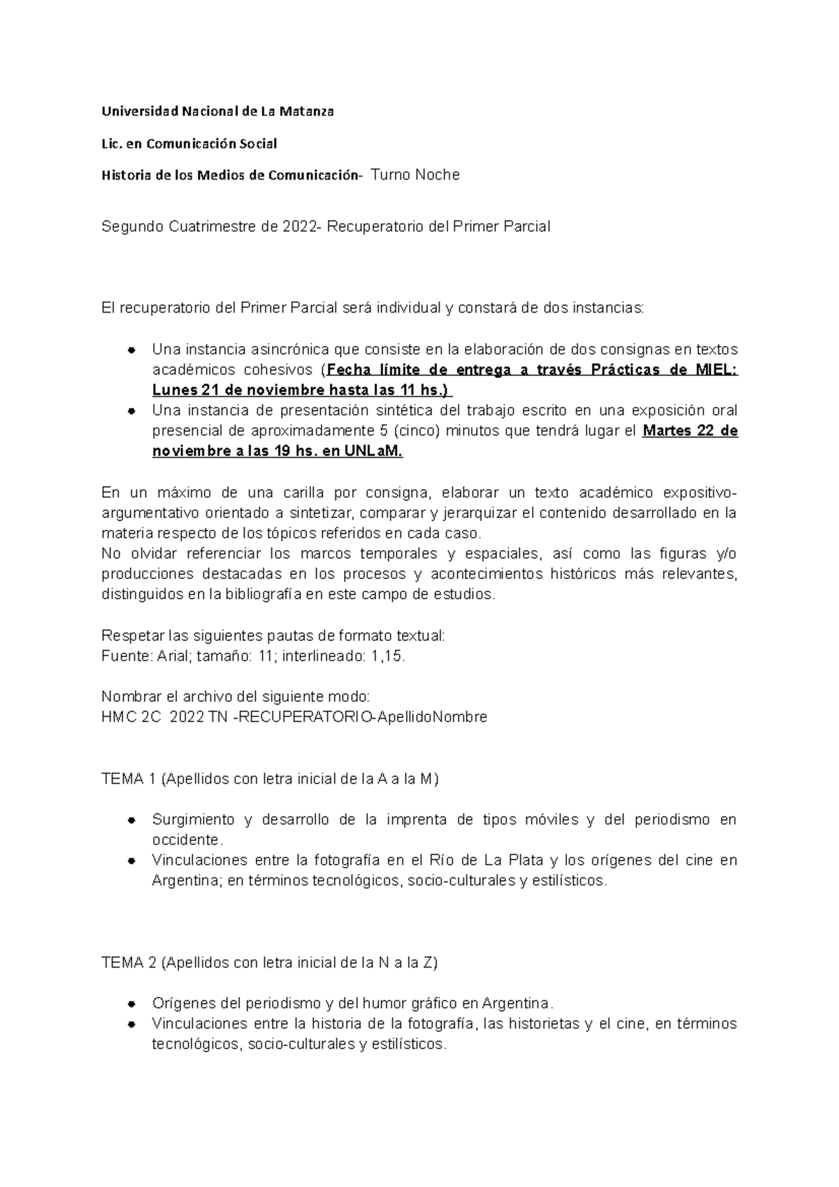 HMC 2C 2022 Recuperatorio TN - Universidad Nacional de La Matanza Lic ...