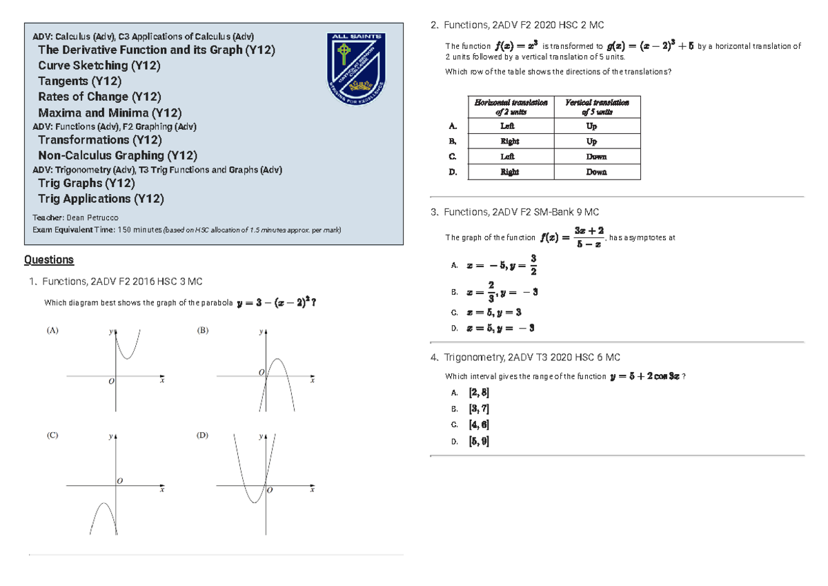 Task 3 Smarter Maths revision - 1. Functions, 2ADV F2 2016 HSC 3 MC ADV: Calculus (Adv), C3 ...