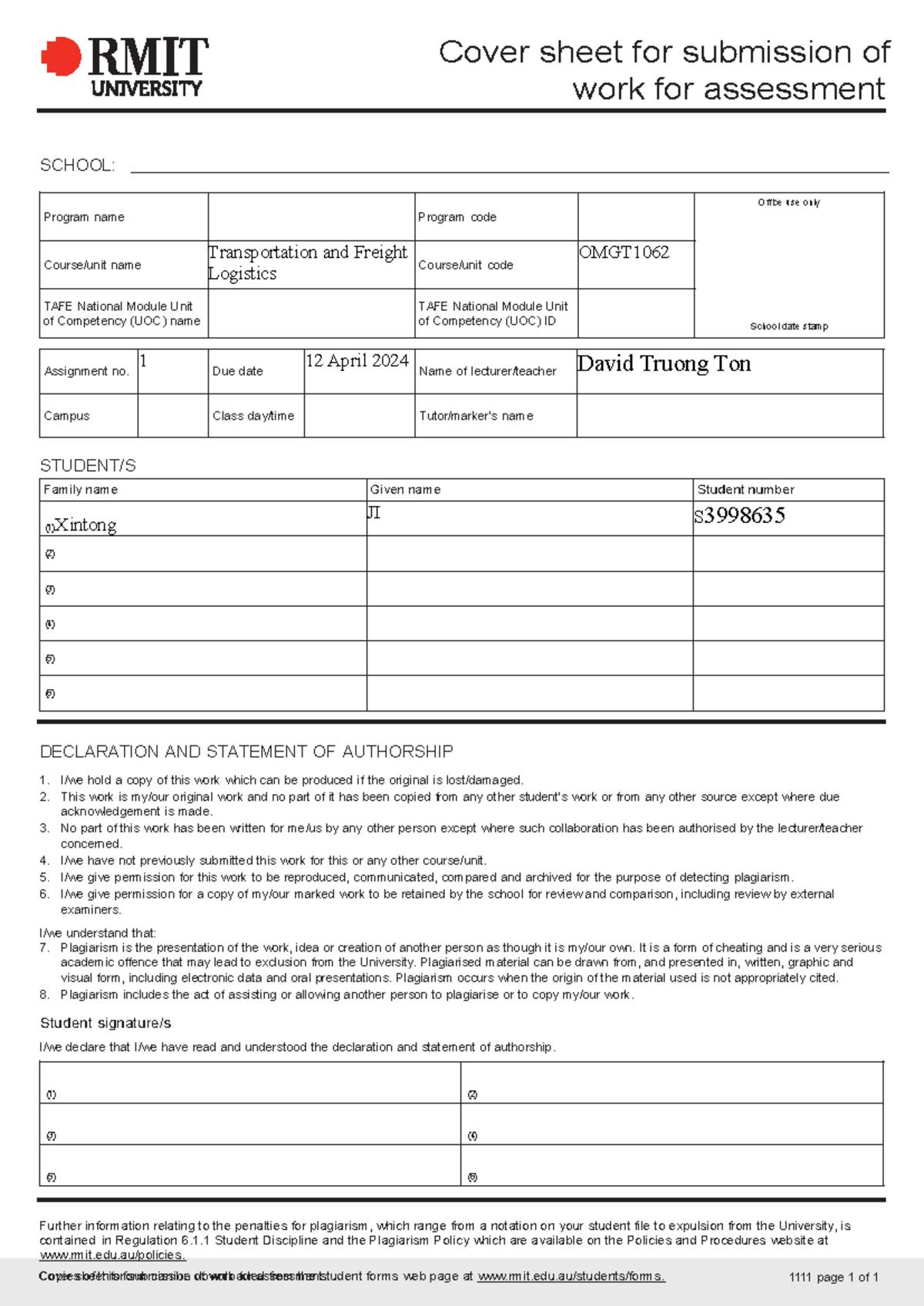 Xintong Ji 3998635 Assessment 1 Cover sheet - Cover sheet for ...