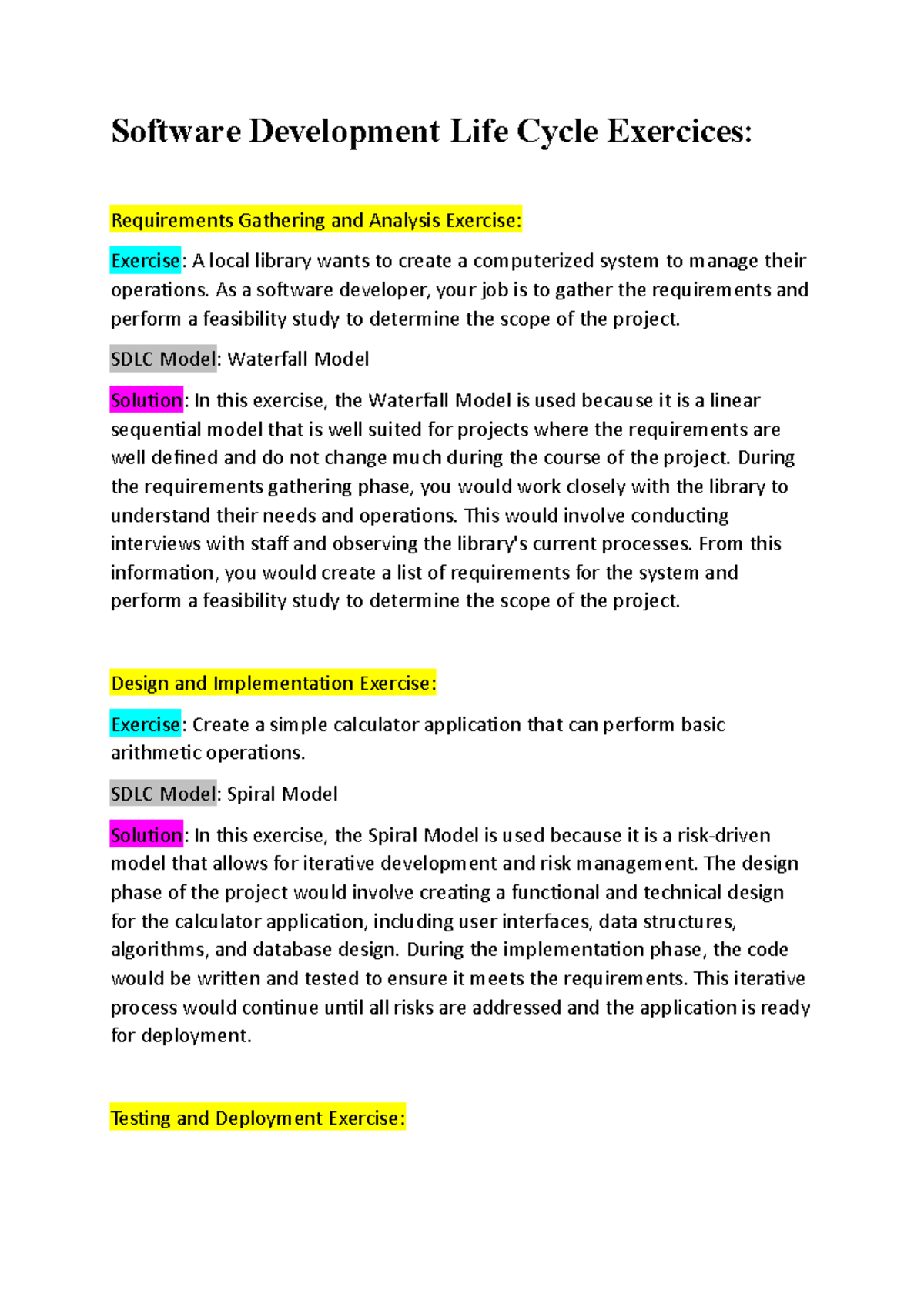 Software Development Life Cycle (SDLC) Exercises and Solutions ...