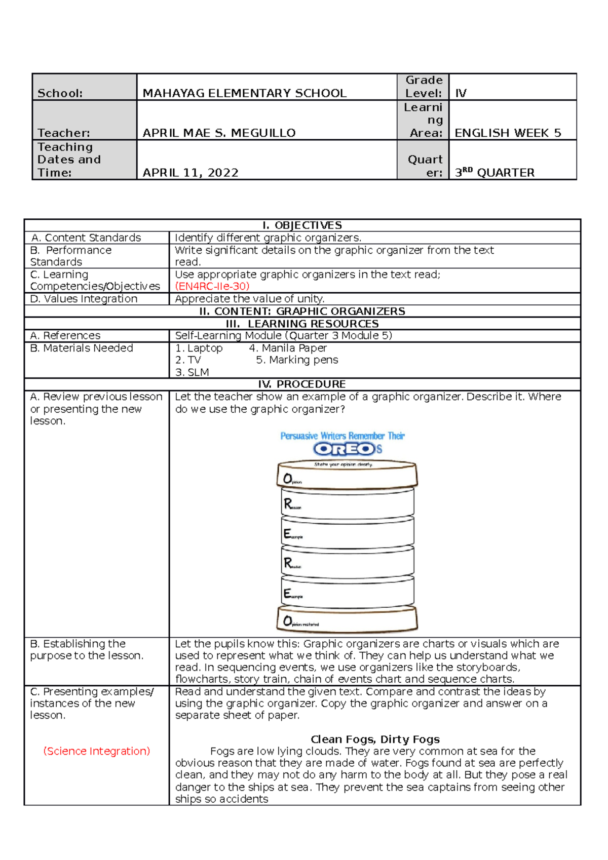 CO1 Lesson Plan - School: MAHAYAG ELEMENTARY SCHOOL Grade Level: IV ...