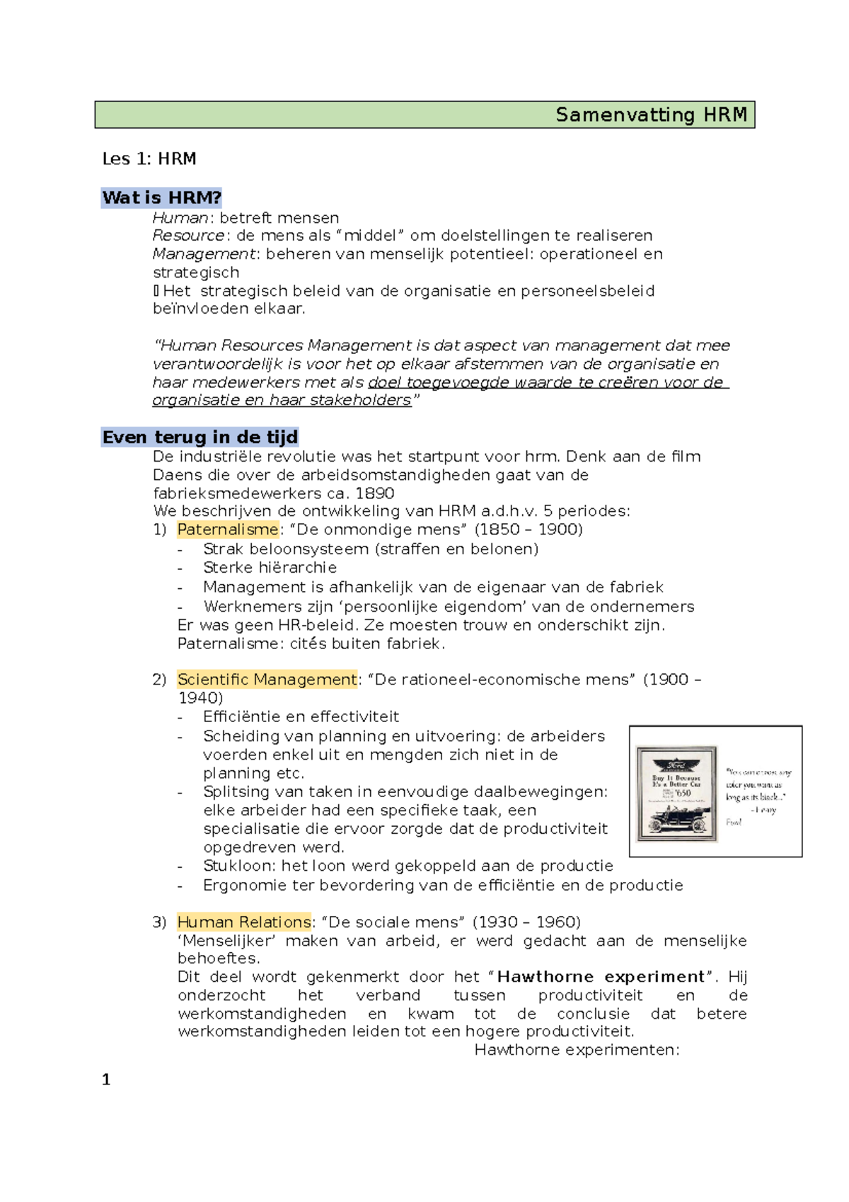 HRM - UCLL - eerste jaar - KMO - Samenvatting HRM Les 1: HRM Wat is HRM ...