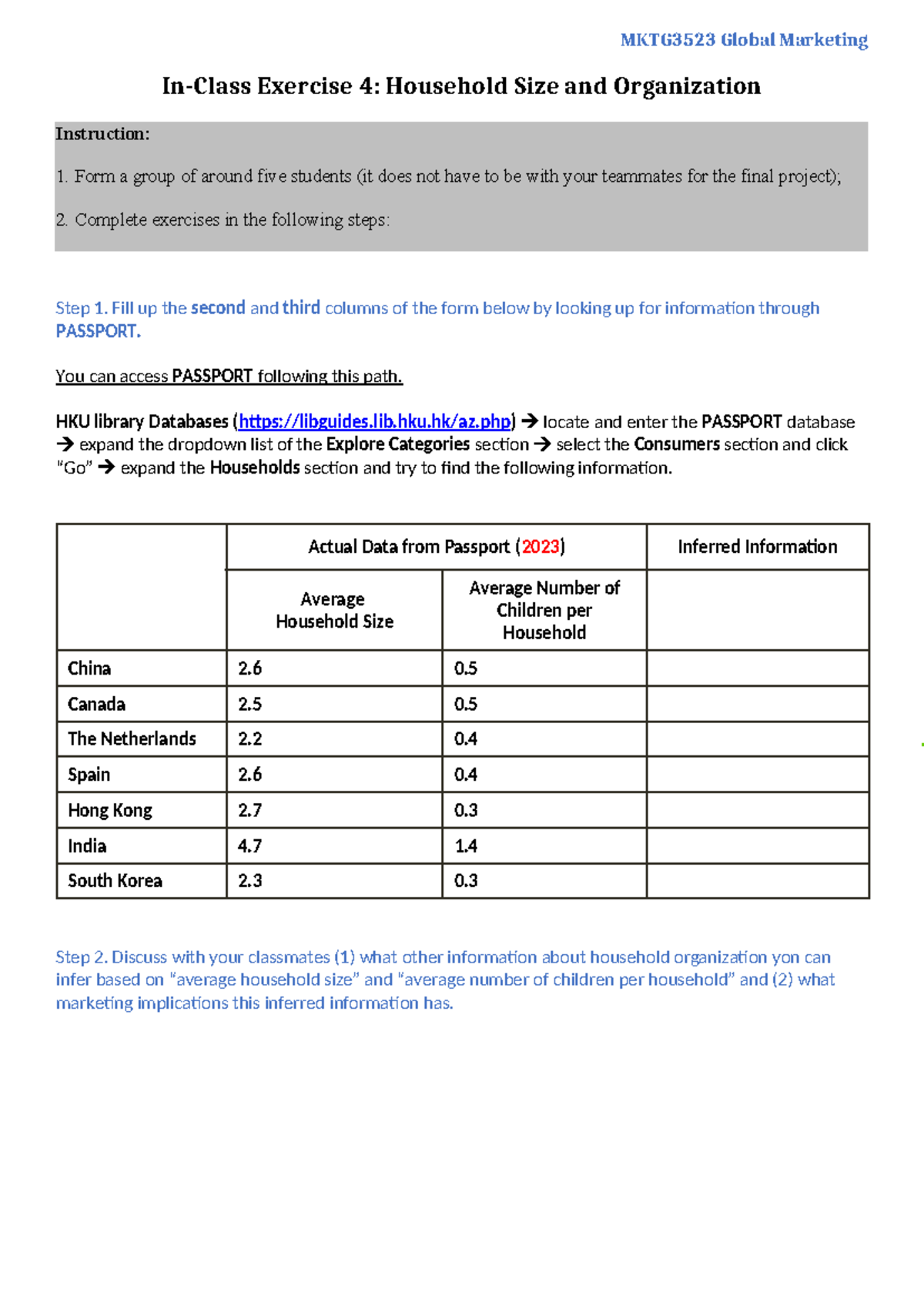 In-Class Exercise 4 Household Size and Organization - MKTG3523 Global Marketing In-Class ...