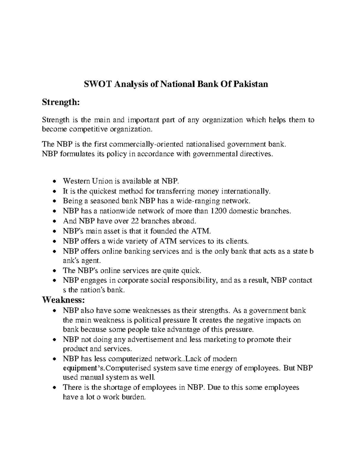 Swot Analysis Of An Orgnization - SWOT Analysis of National Bank Of ...