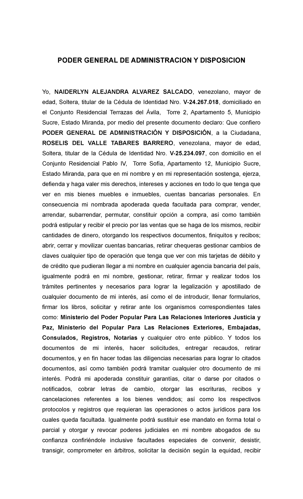 Poder general - tarea - PODER GENERAL DE ADMINISTRACION Y DISPOSICION ...