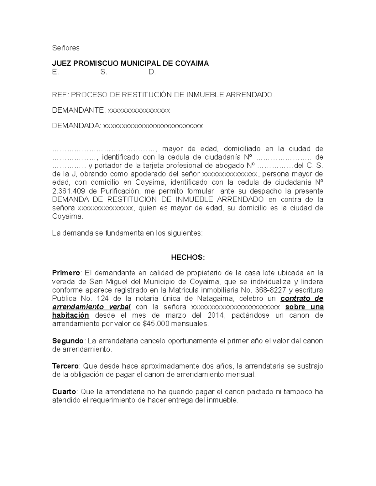 Modelo Demanda Restitución Inmueble Arrendado - Señores JUEZ PROMISCUO ...