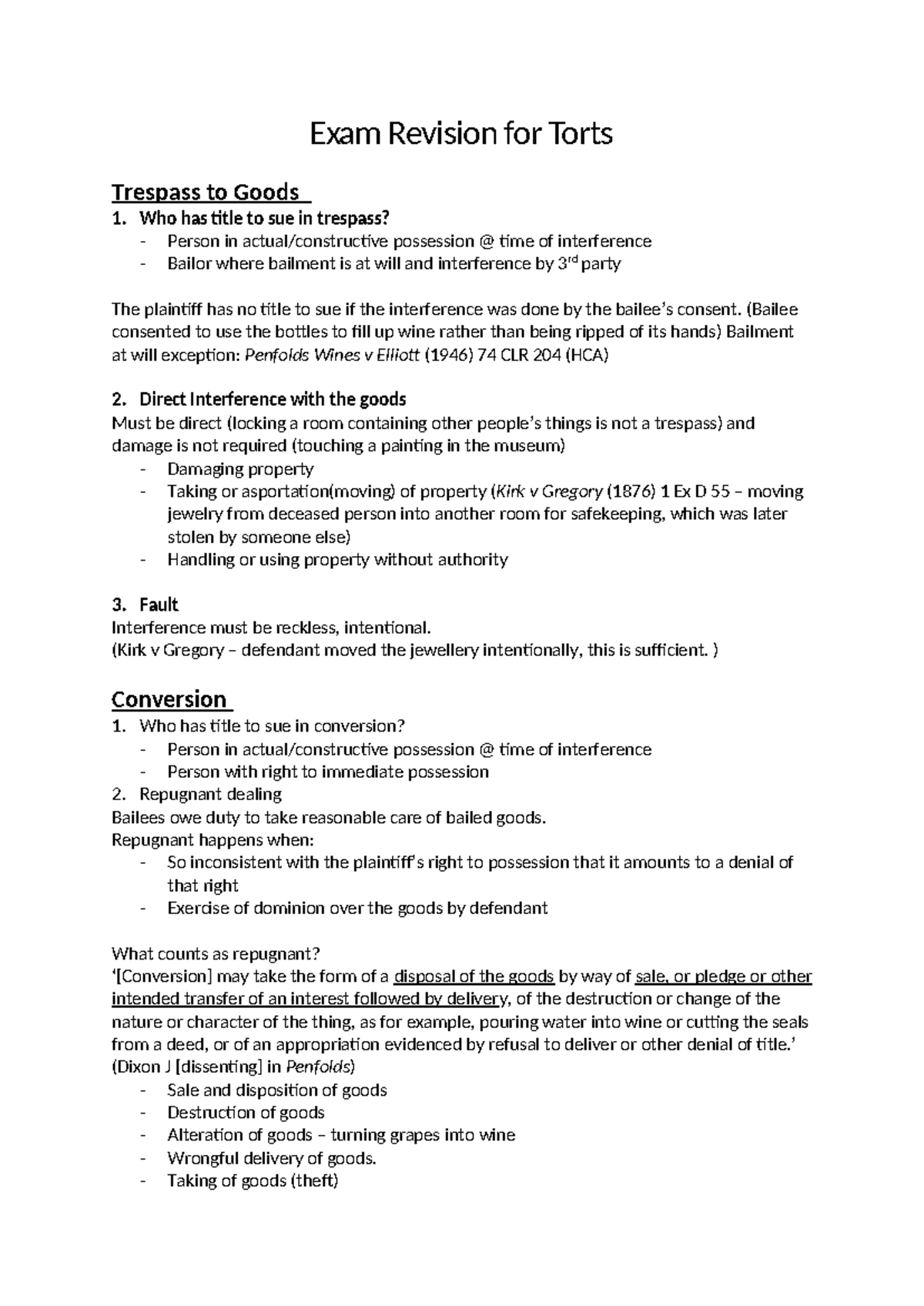 Exam Revision for Torts - Exam Revision for Torts Trespass to Goods Who ...