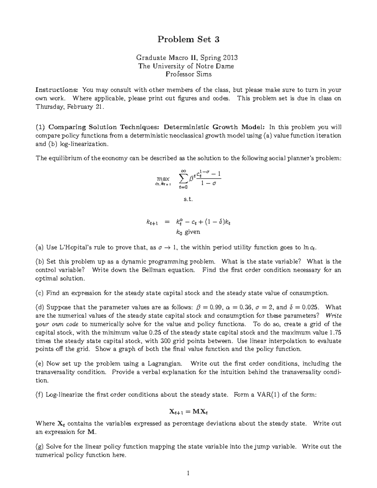 Problem Set 3 Spring 2013 Problem Set 3 Graduate Macro Ii Spring
