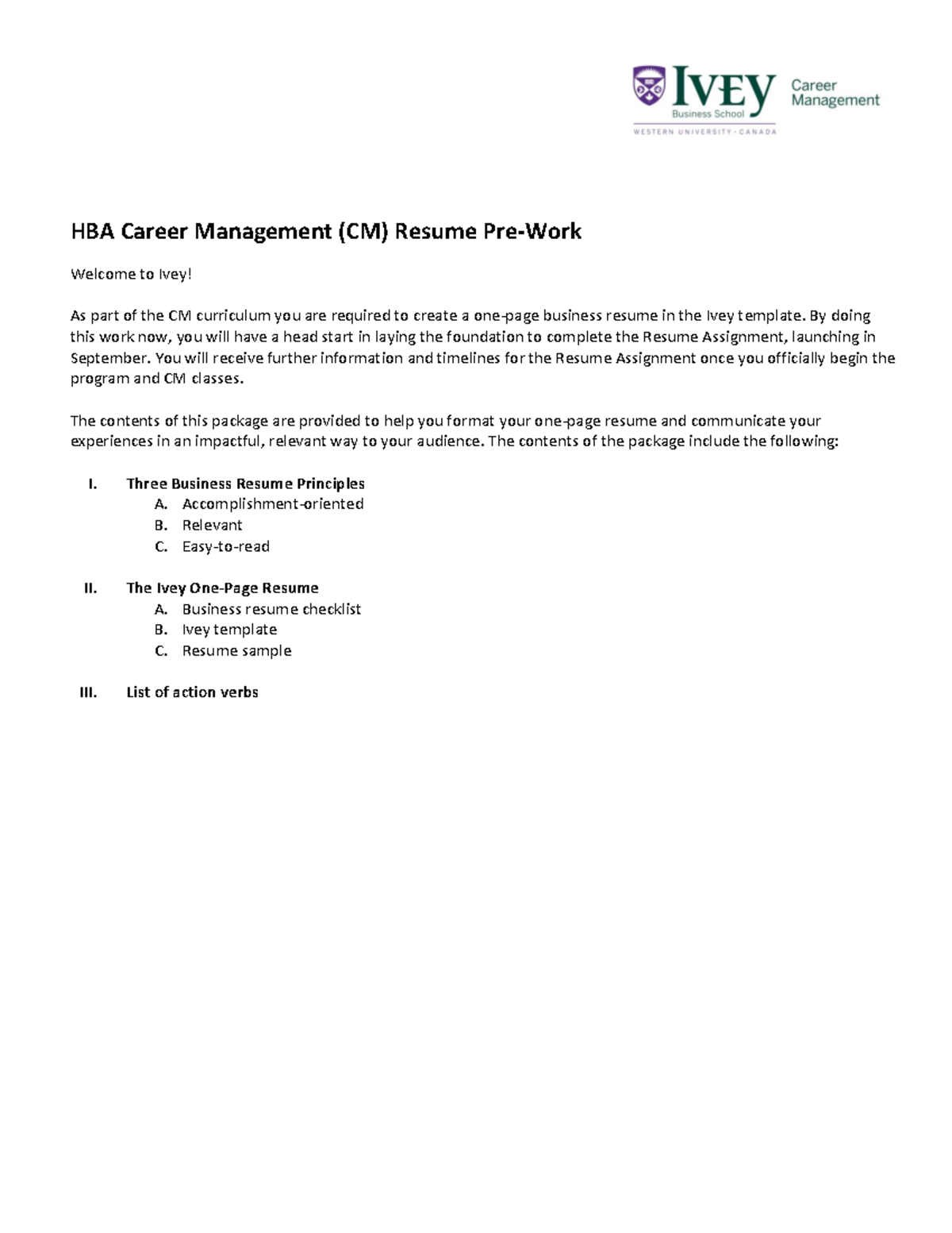 HBA 2019 Resume Pre-Work Package from Ivey Alumini HBA Resume Template ...