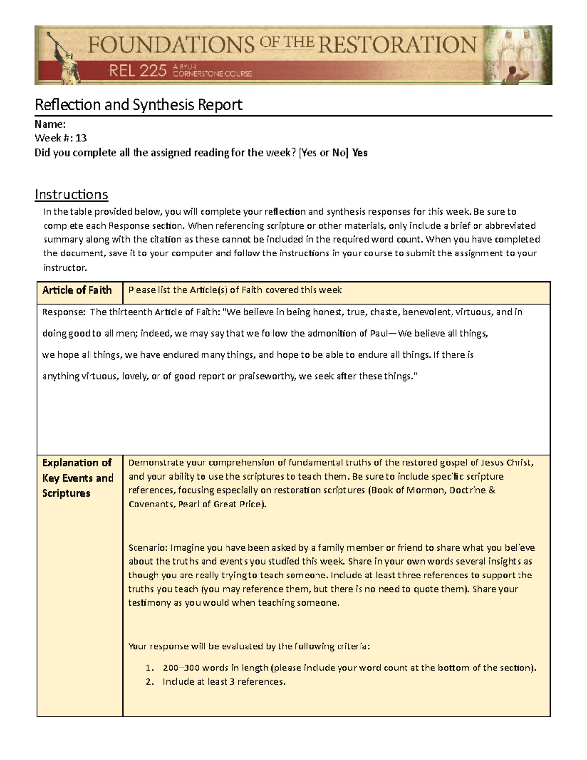 Week 13 reflection - foundations of the restoration - Reflection and Synthesis Report Name: Week ...
