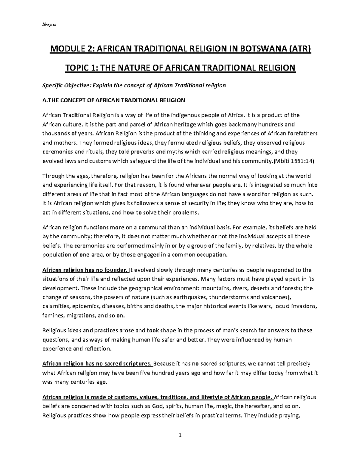Mod 2 - class notes for religious education bgcse - MODULE 2: AFRICAN ...