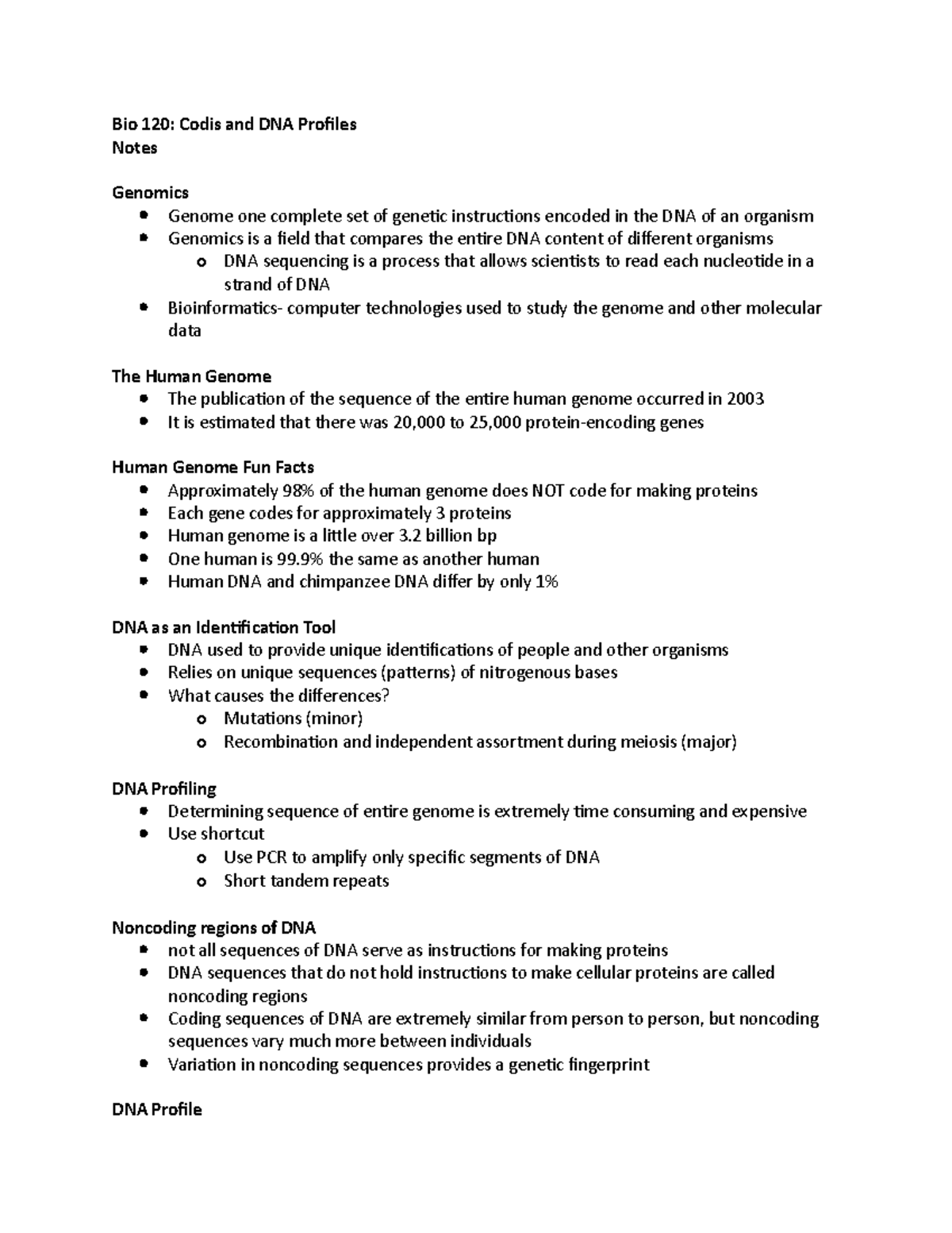 Bio 120- Codis and DNA profiles - Bio 120: Codis and DNA Profiles Notes ...