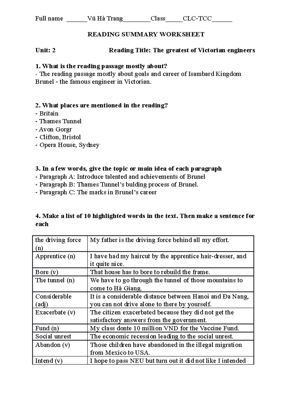 Readingsummary worksheet - Full name Vũ Hà Trang________Class_____CLC ...