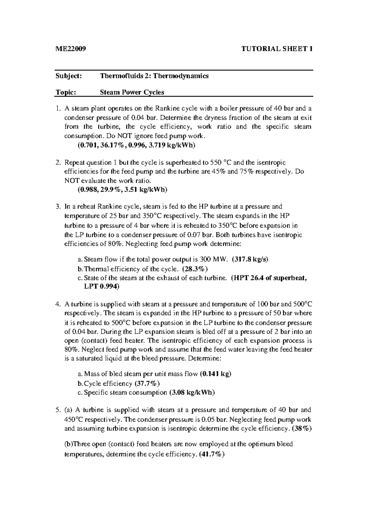 Tutorial questions-Steam Power - ME2 2009 TUTORIAL SHEET 1 Subject ...