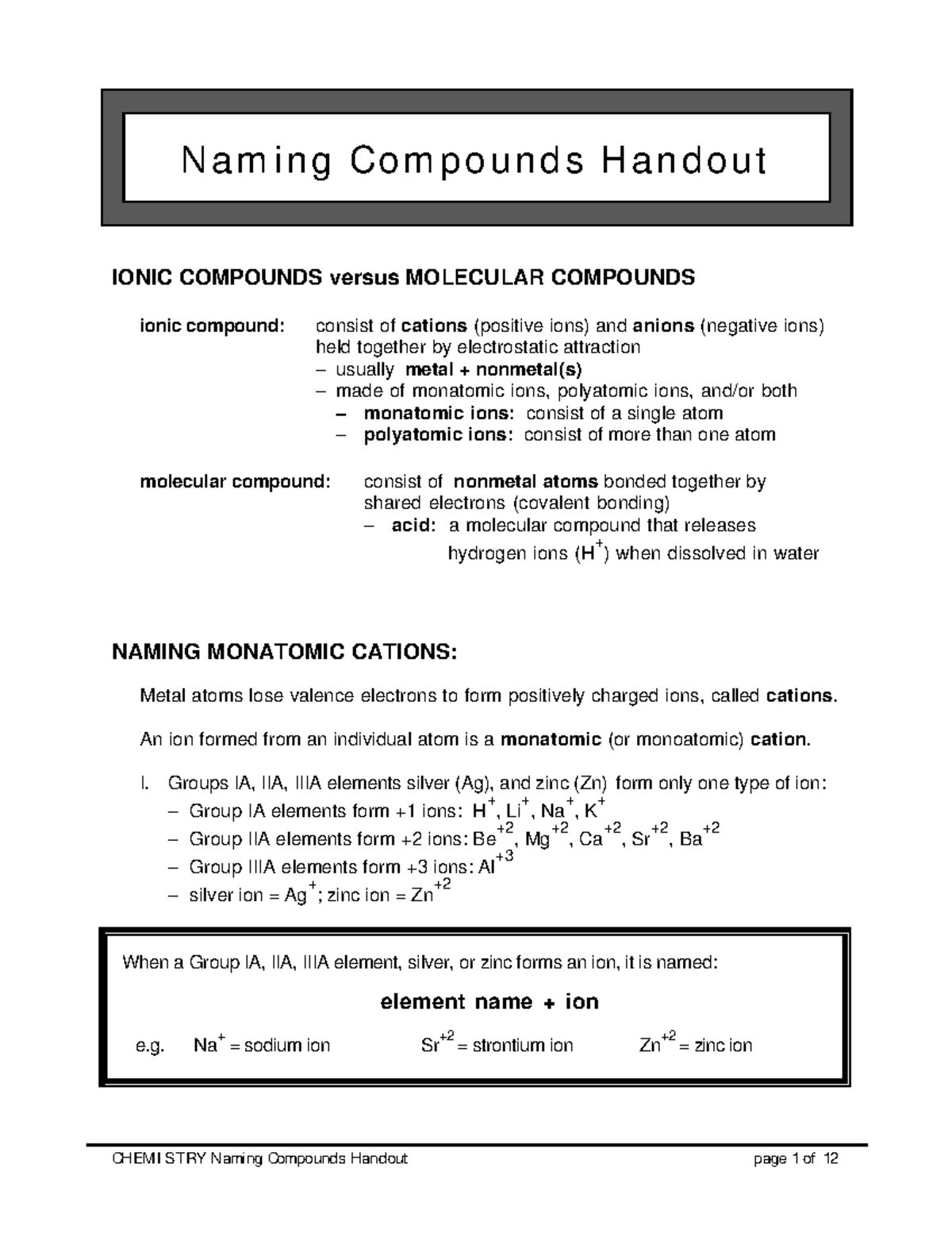 Naming Compounds Handout - IONIC COMPOUNDS versus MOLECULAR COMPOUNDS ...