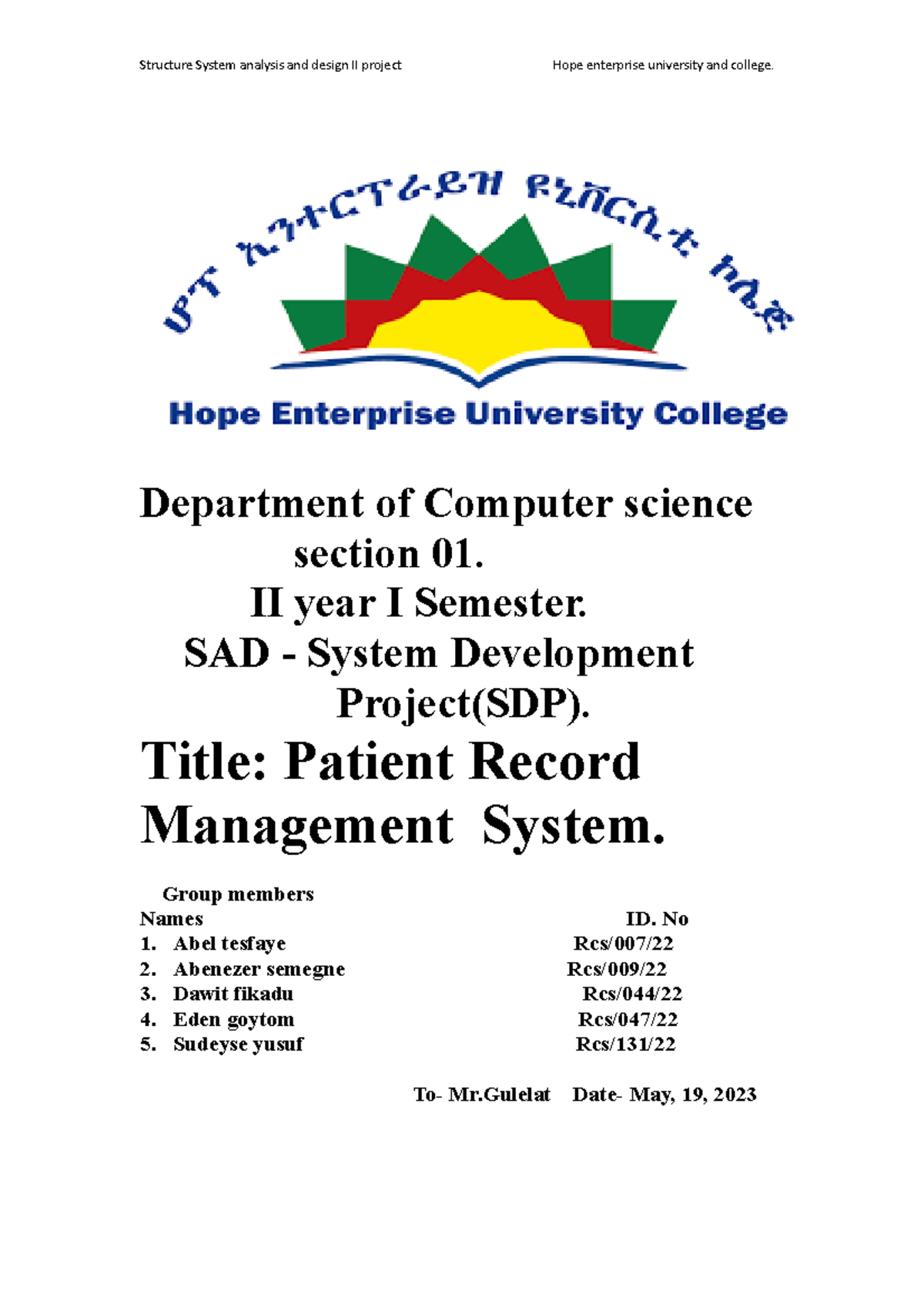 Ssaad projecct 2 i - Department of Computer science section 01. II year ...