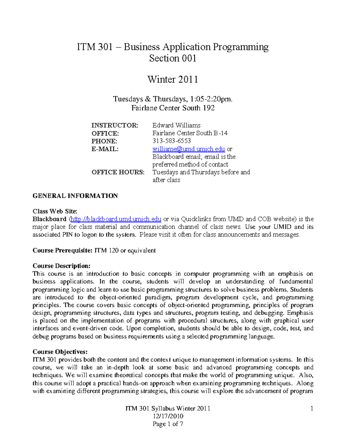 Business appplication programing - ITM 301 Syllabus Winter 2011 12/17 ...