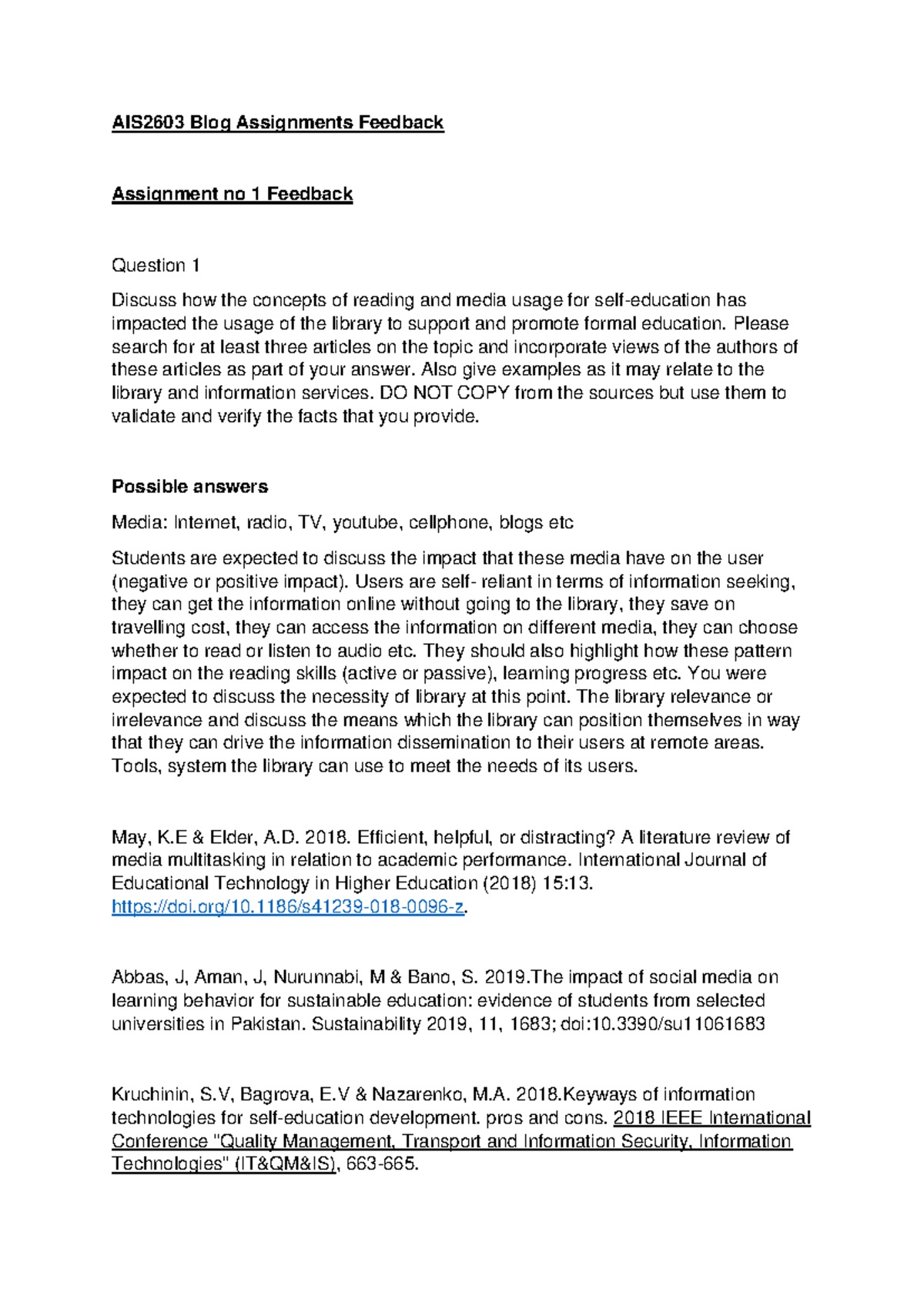 AIS2603 Blog Assignments Feedback - AIS2603 Blog Assignments Feedback Assignment no 1 Feedback ...