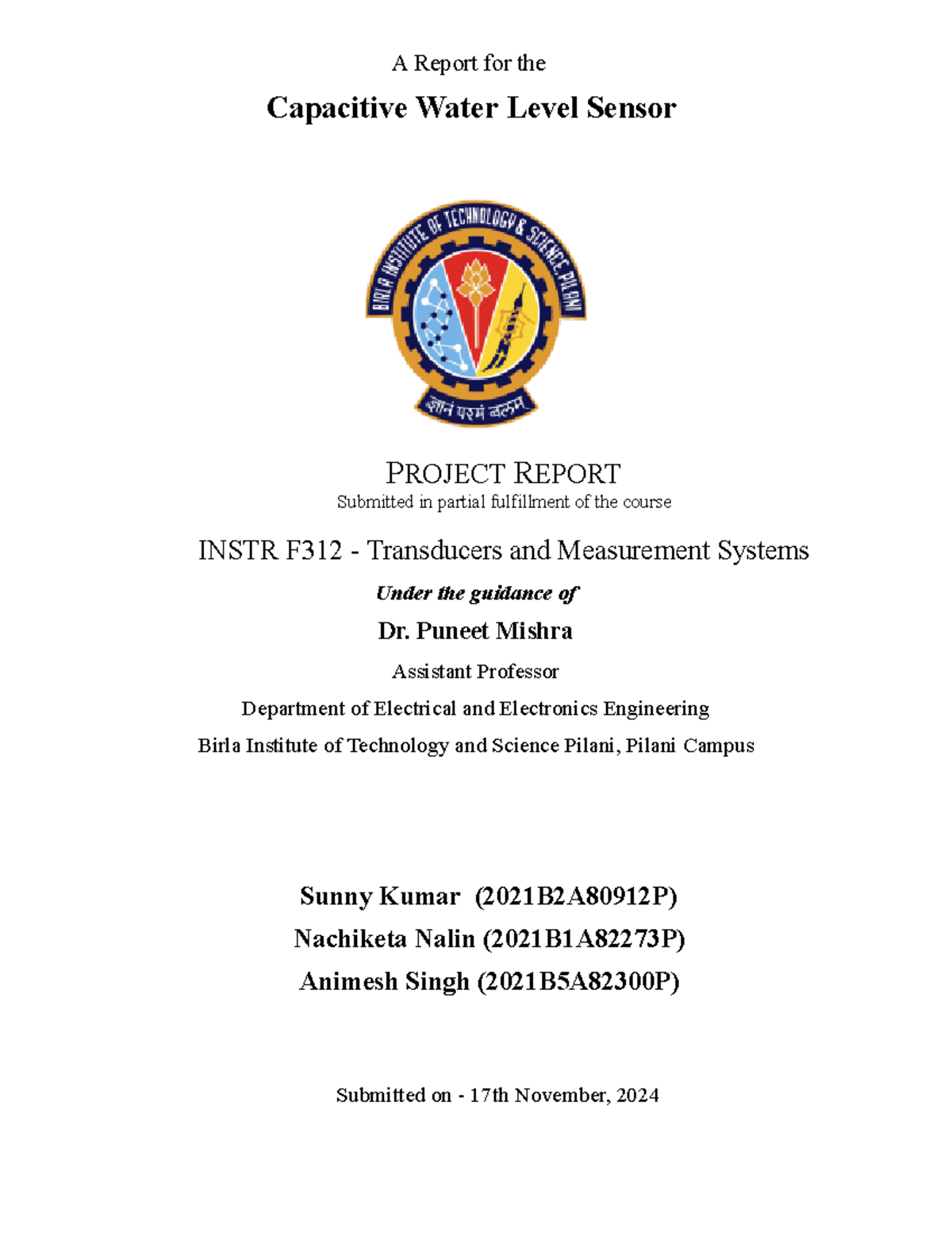 Sensproj - l1 user manuals - A Report for the Capacitive Water Level ...