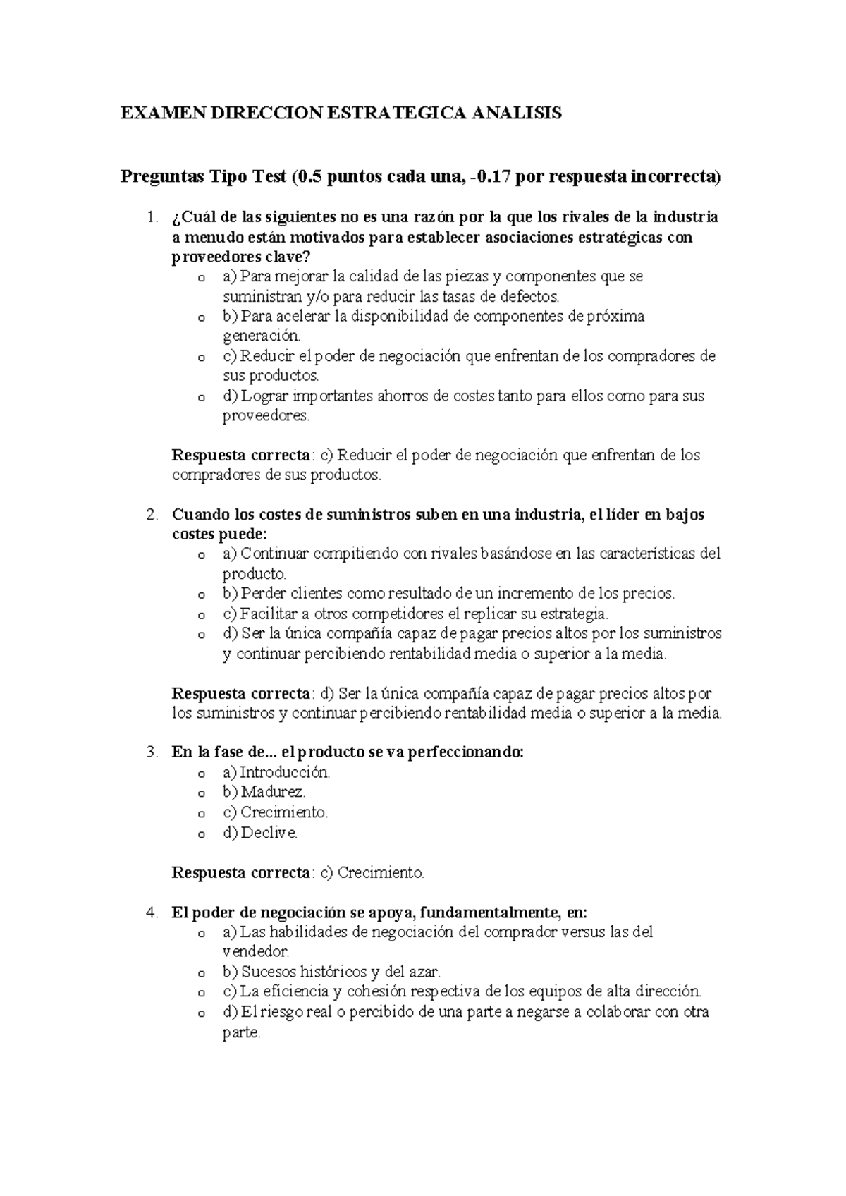 Examen Direccion Estrategica Analisis - EXAMEN DIRECCION ESTRATEGICA ANALISIS Preguntas Tipo ...