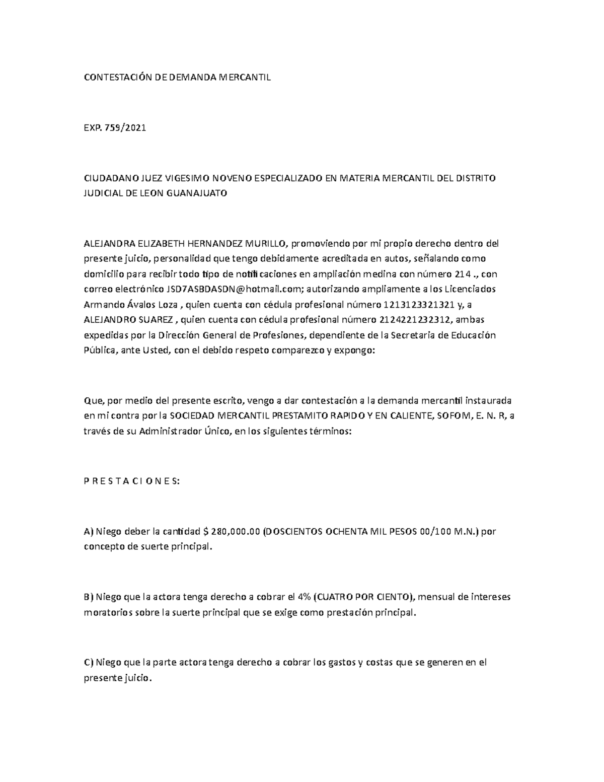 Contestación DE Demanda Mercantil - CONTESTACIÓN DE DEMANDA MERCANTIL ...